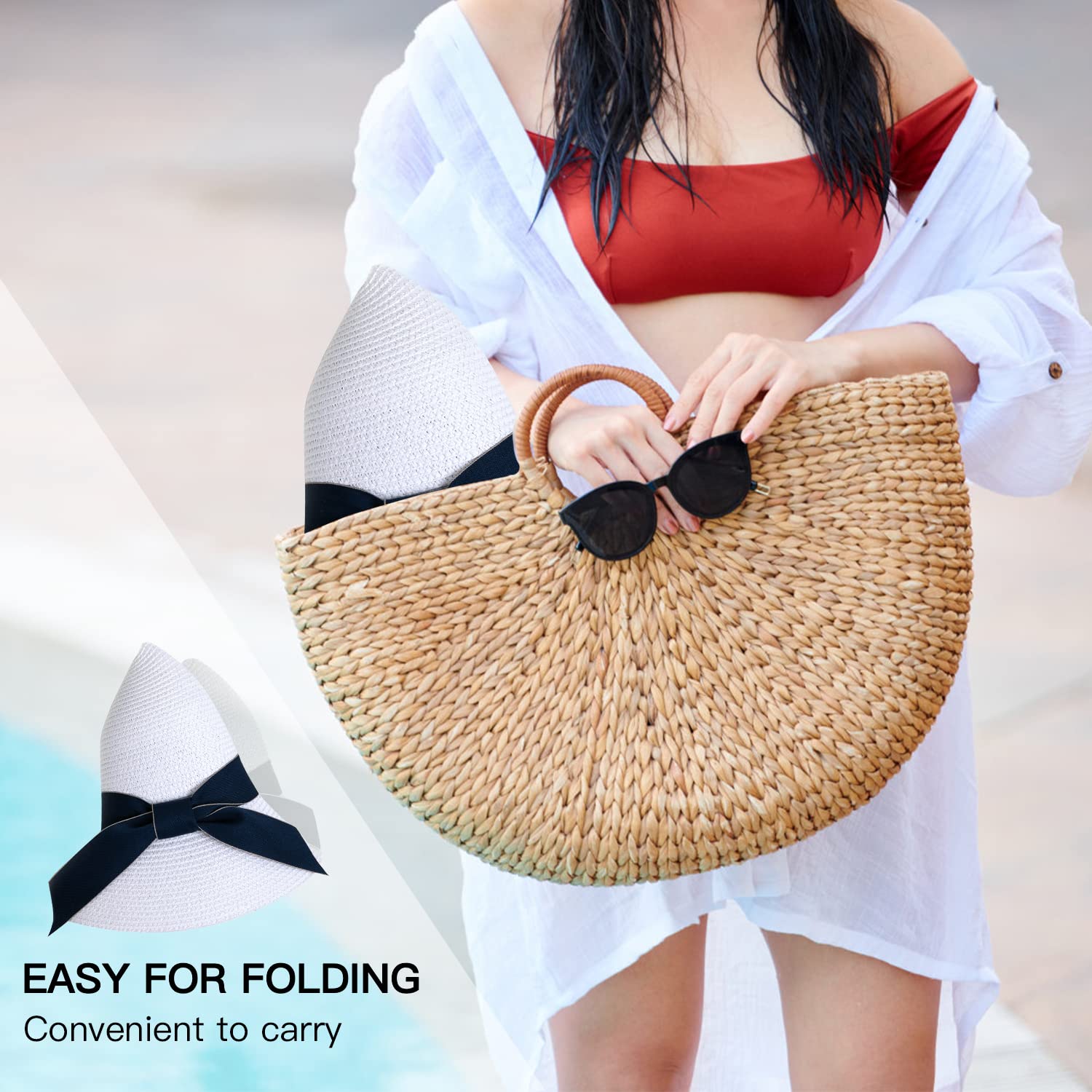 FARVALUE Women's Sun Beach Straw Hat Foldable Floppy Hats Summer UV Protection Wide Brim Travel Beach Cap Blue