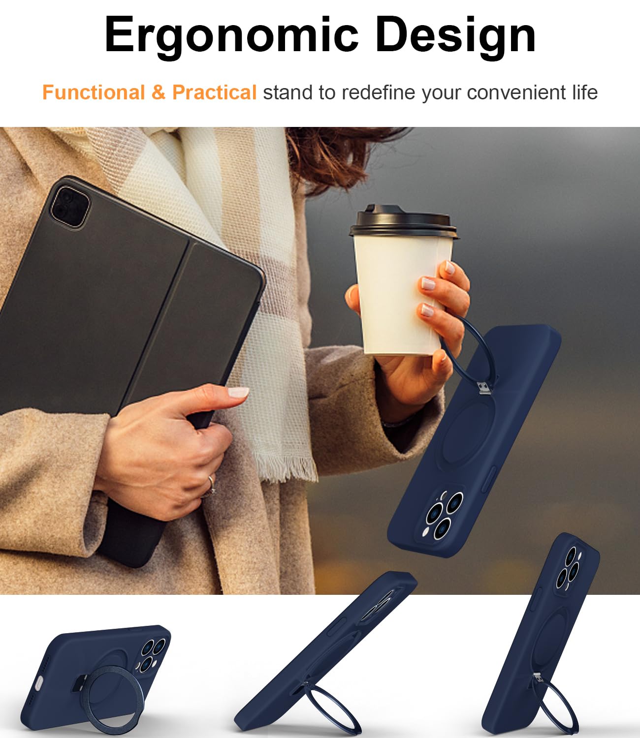Defeneder Liquid Silicone for iPhone 13 Pro Max Case with Magnetic Stand [2 Pcs Tempered Screen Protectors + Precise Camera Lens Protection] Mil-Grade Drop Protective Phone Case, Navy Blue