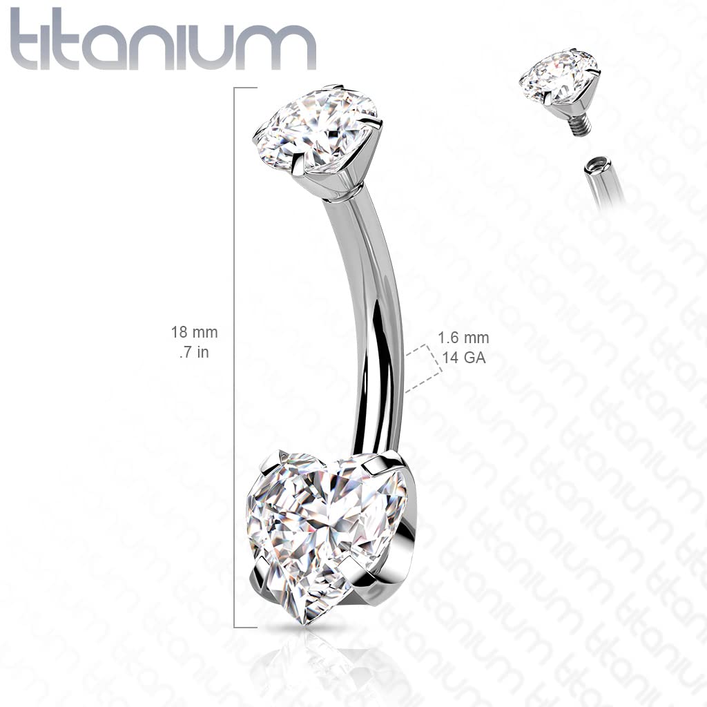 Dynamique Implant Grade Titanium Prong Set Heart CZ And Internally Threaded Round CZ Top Belly Button Rings (Sold Per Piece)