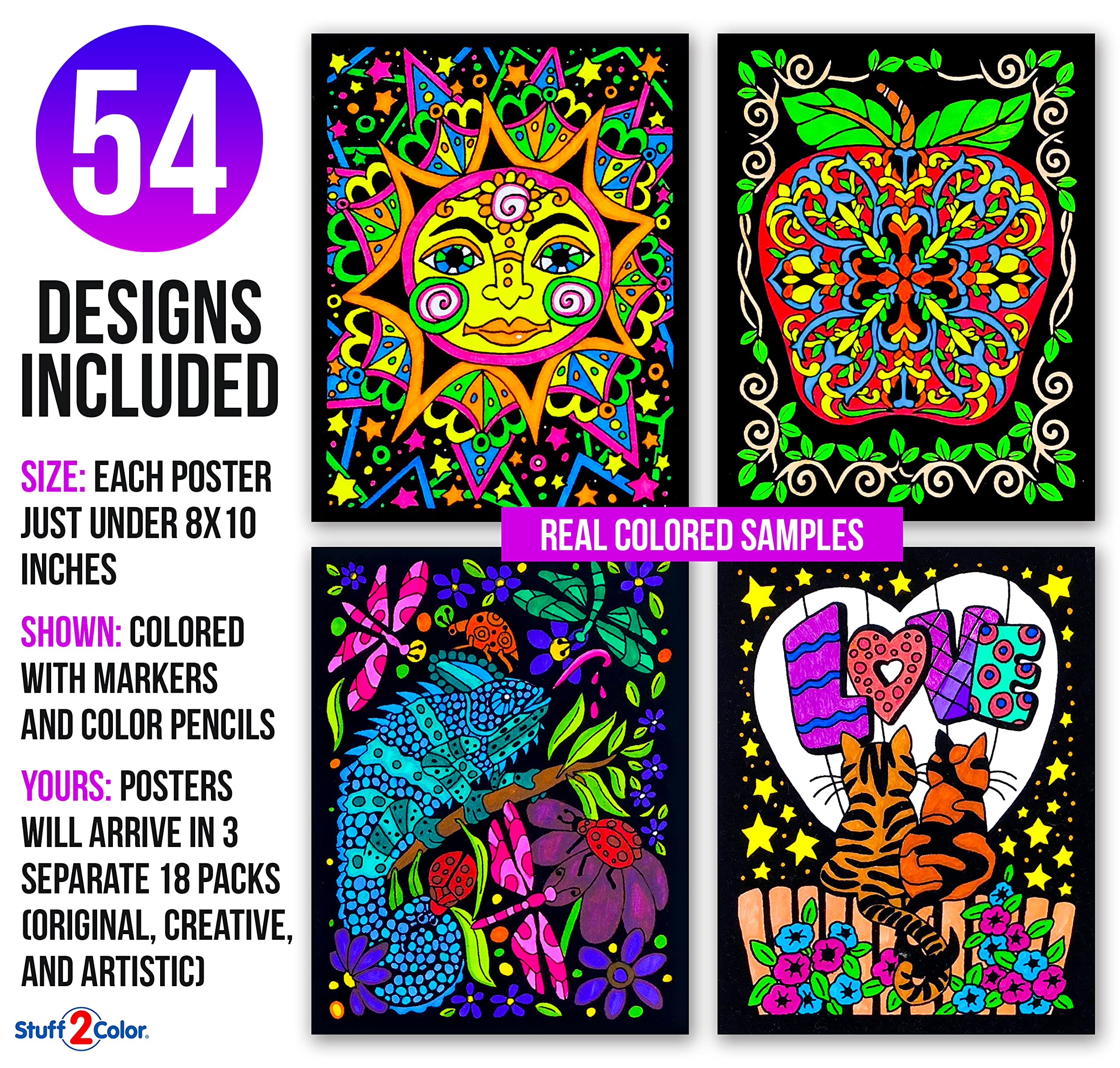 Colossal Pack of 54 Fuzzy Velvet Coloring Posters (All Unique Designs) - Bulk Crafts and Coloring Activity for All Ages - Great for Group Projects, Assisted Living, Classrooms, and Rehab Centers