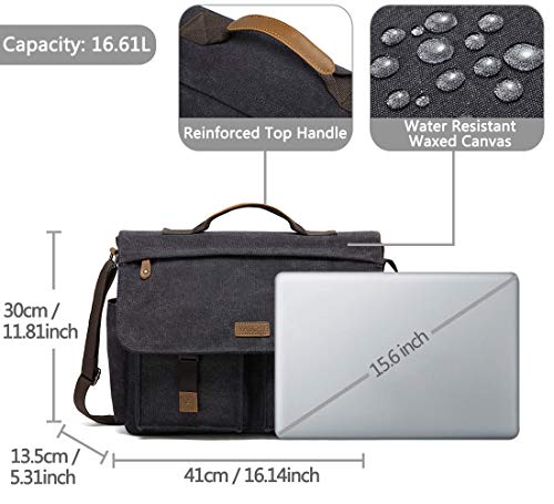 VASCHY Messenger Bag for Men, Vintage Water Resistant Waxed Canvas Satchel 15.6 inch Laptop Briefcase Shoulder Bag with Padded Shoulder Strap Gray