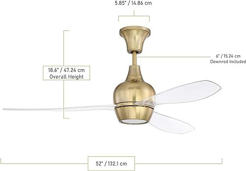 Craftmade BRD52SB3 Bordeaux Downrod/Semi-Flush Mount Heavy-Duty 52" Ceiling Fan with LED Light and Wall Control, 3 Clear Acrylic Blades, Satin Brass