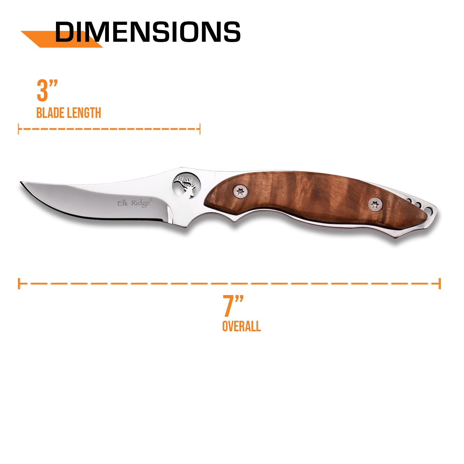 Elk Ridge - Outdoors Fixed Blade Knife - 7-in Overall, 3-in Mirror Finished Stainless Steel Blade, Burl Wood Handle, 1680D Nylon Sheath - Hunting, Camping, Survival - ER-538