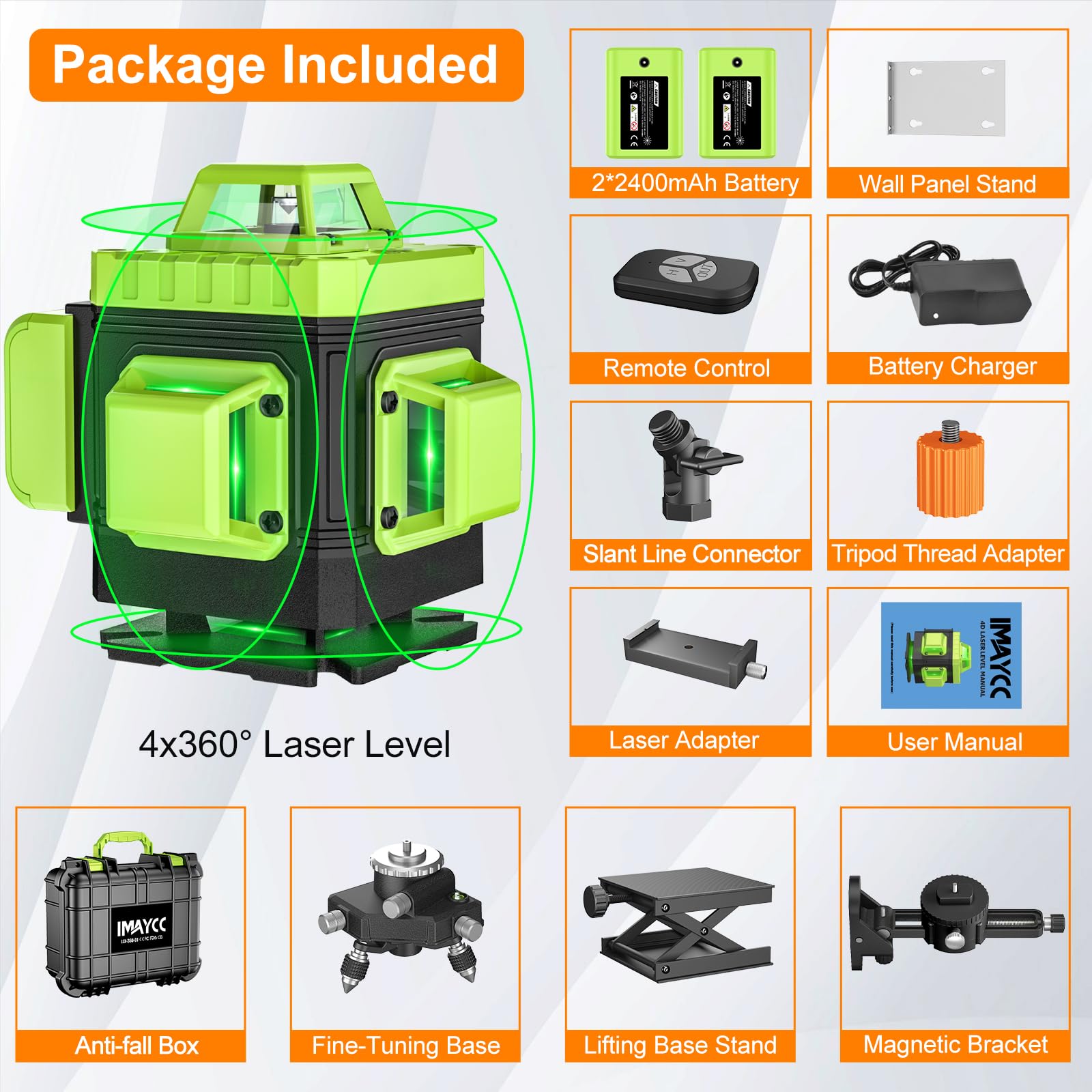 IMAYCC Laser Level, 4x360° Self Leveling Laser Level, 4D Cross Line Laser with Remote Control, Anti-fall Box, Multiple Stands, Rechargeable Batteries for Construction and Decoration