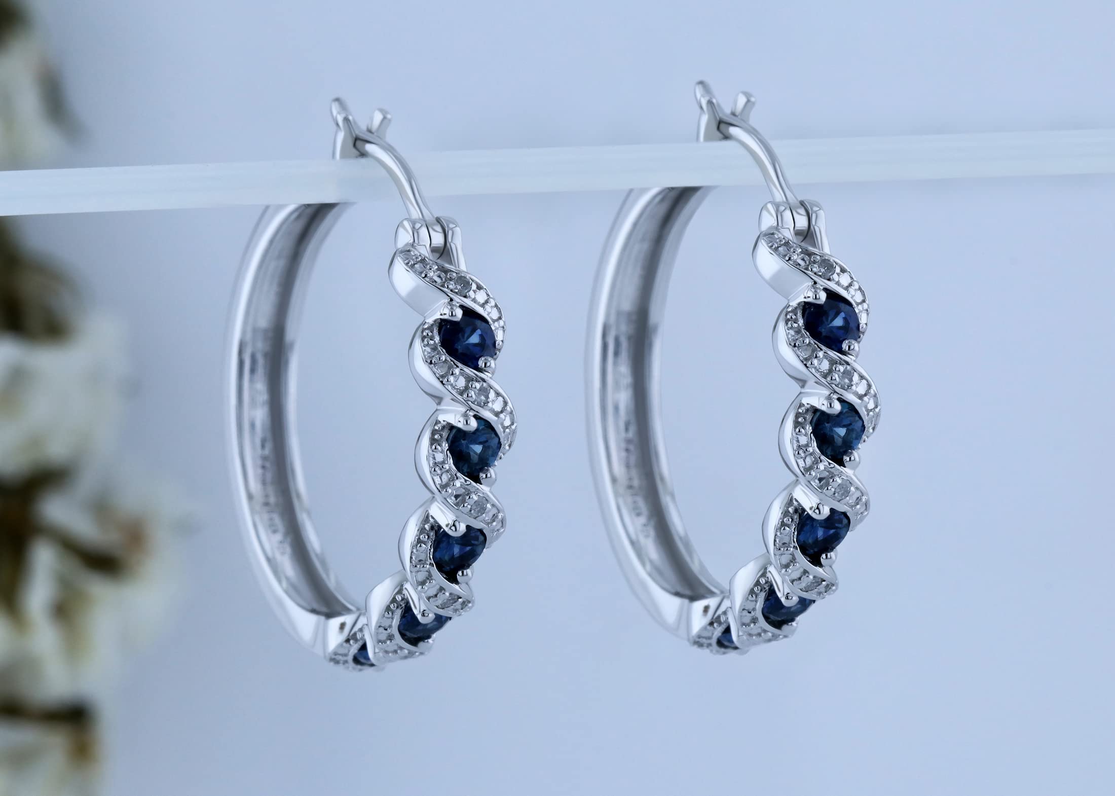 Dazzlingrock Collection Round Blue Sapphire & White Diamond Hoop Earrings | 925 Sterling Silver