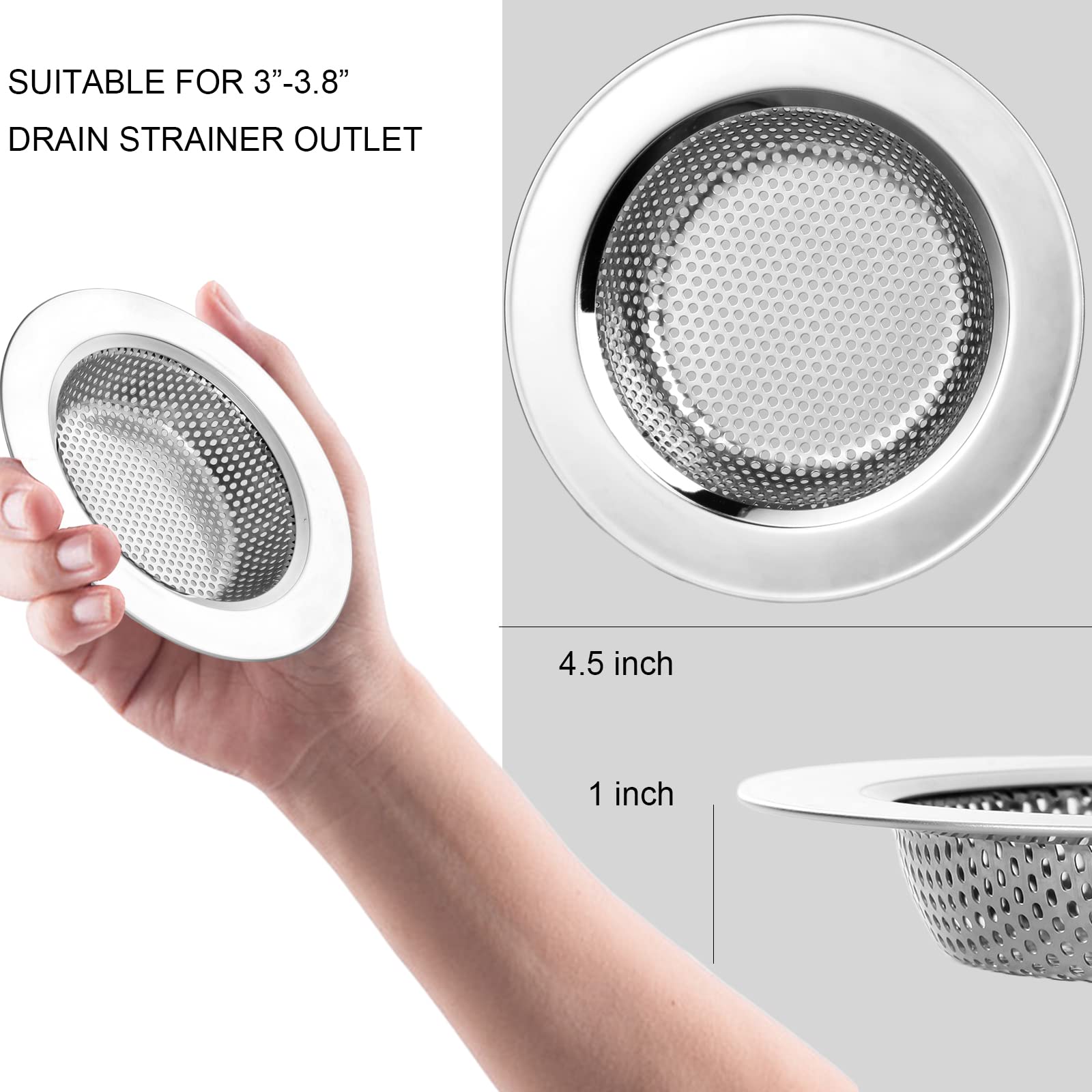 FURNIFE 2PCS Kitchen Sink Strainer - Stainless Steel Sink Strainers for Kitchen Sinks, Large Wide Rim 4.5" Diameter