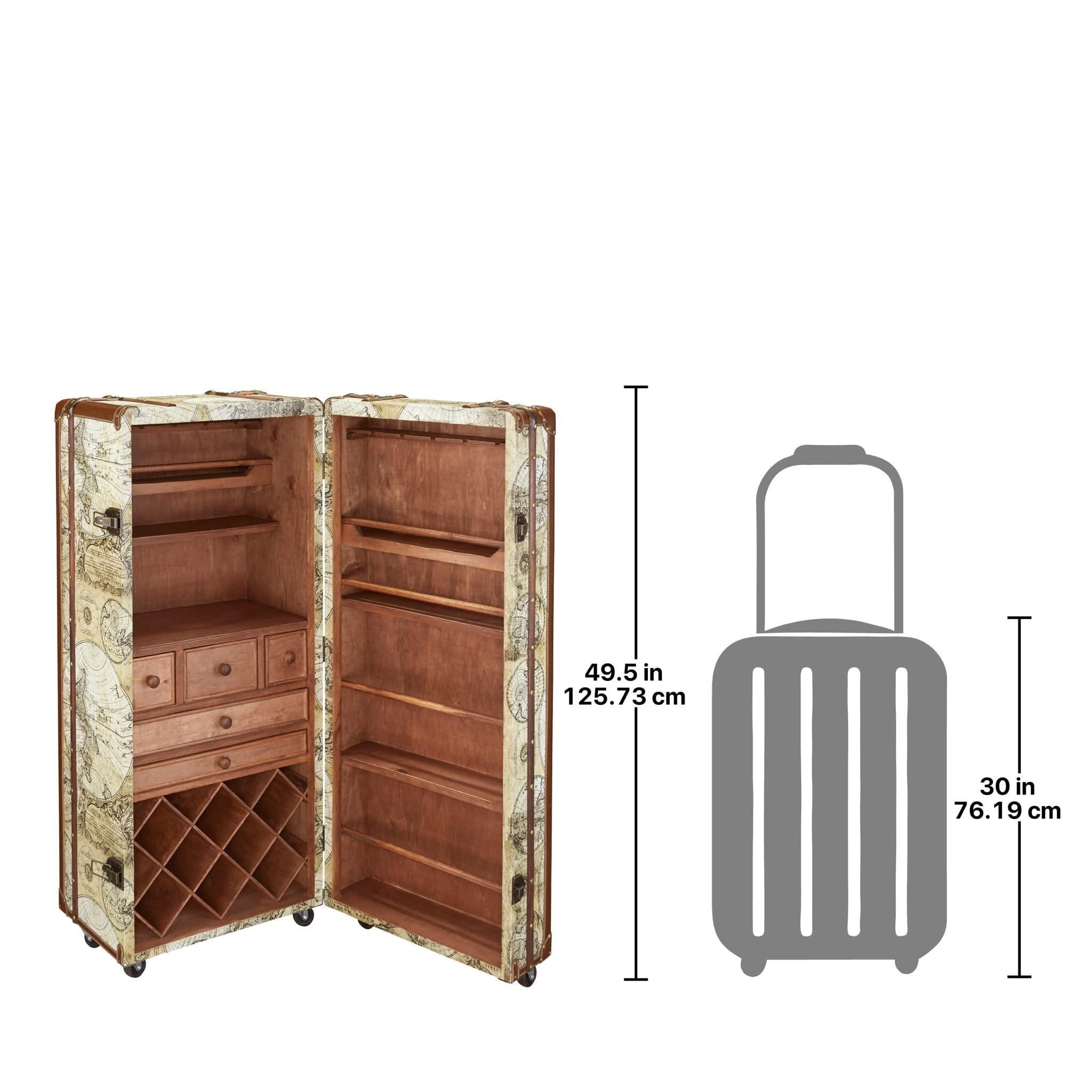 Design Toscano Italian-Style World Map Cocktail Bar Steamer Trunk, 49.5 Inch, full color