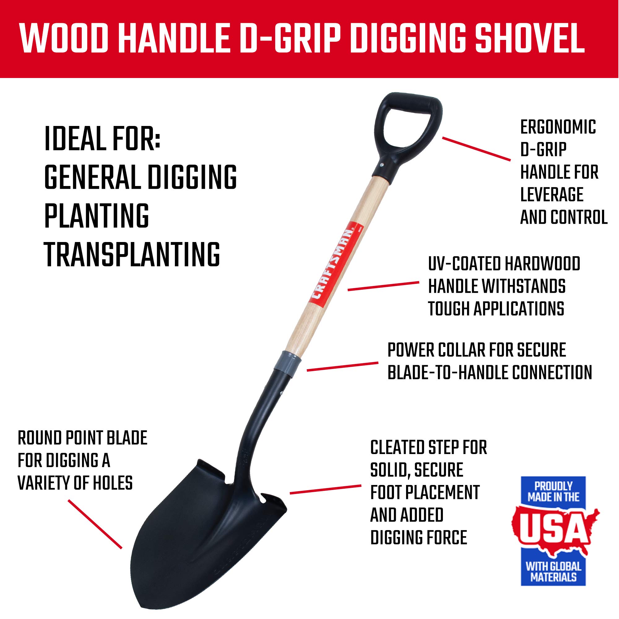 CRAFTSMAN CMXMKIT0120 3-Piece Wood Handle D-Grip Digging Tool Set with Compact Shovel, 4-Tine Fork and Round-Point Shovel