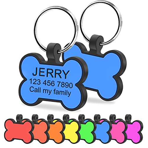 TagME Silicone Silent Dog Tag, Double Sided Personalized ID Tags Engraved for Pets, Durable Cute Custom Name Tags with Phone Number Never Fades, Bone - Blue