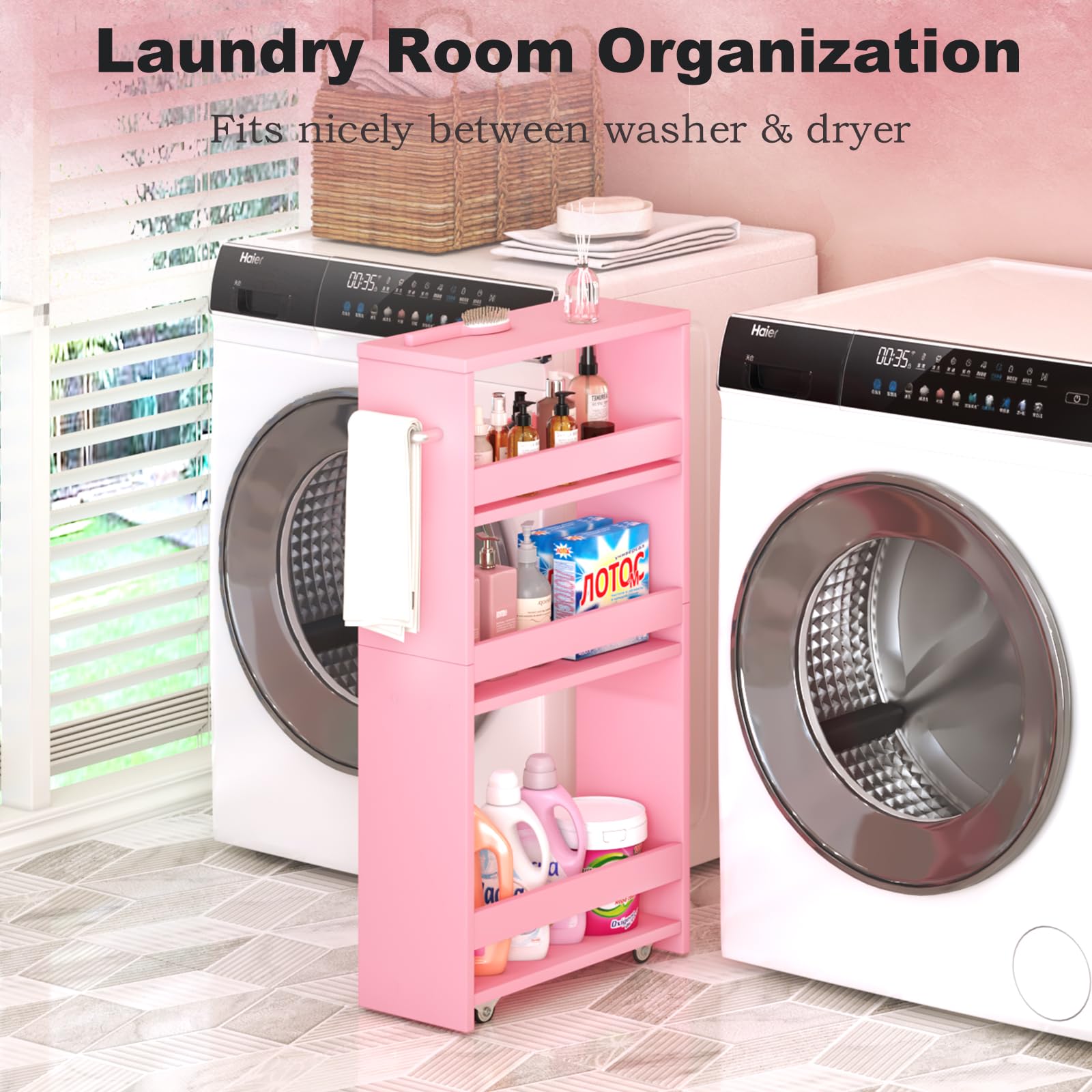 MARTY Pink Slim Storage Cart, 4-Tier Rolling Bookshelf Kitchen Cart with Wheels, Laundry Room Organization with Handle Slide Out Utility Cart Shelving Unit Trolley for Narrow Places