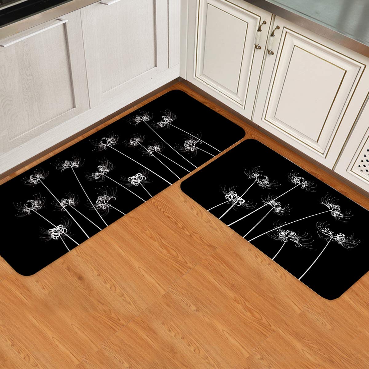 Flower Decor Kitchen Rugs and Mats Non Skid Washable Cushioned Kitchen Mat Anti Fatigue Mat Kitchen Set of 2 Waterproof Lycoris Radiata Floral Black White