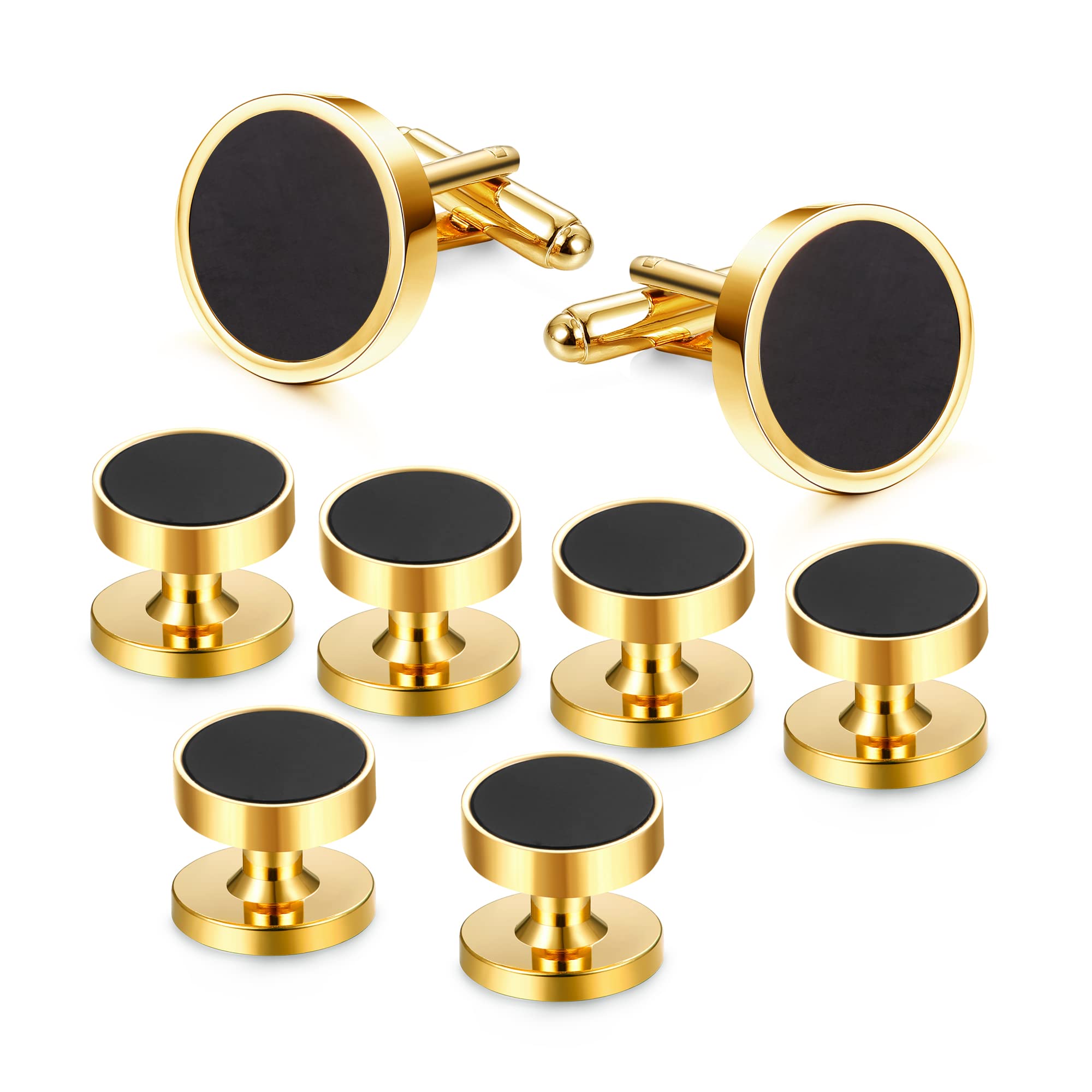 FASACCO 8PCS Cufflinks for Men Classic Cufflinks and Studs Set Black Gold Silver Tuxedo Shirts Cufflinks for Business Wedding, Style 3