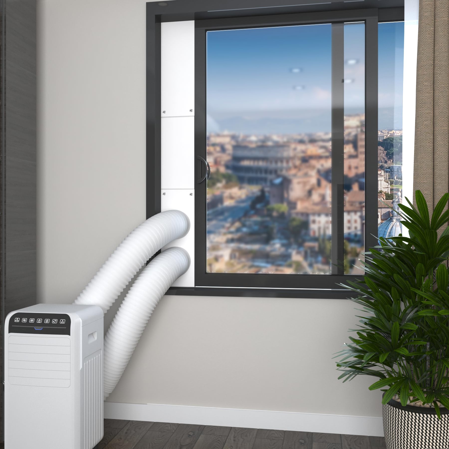 Flamorrow Dual Hose Portable Air Conditioner Window Kit, 5" Diameter Adjustable Window Seal Plates with Foam Seal Strip, Sliding AC Window Vent Kit for Exhaust Hose, White