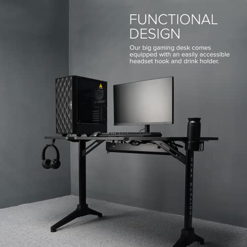 POUT Game Station 1 RGB LED Gaming Desk with LED Lights, Headphone Hook, Cable Hole, 16-Color Controller & Cup Holder — 47-inch Premium Steel Gamer Desk with Carbon Fiber Surface (Black)