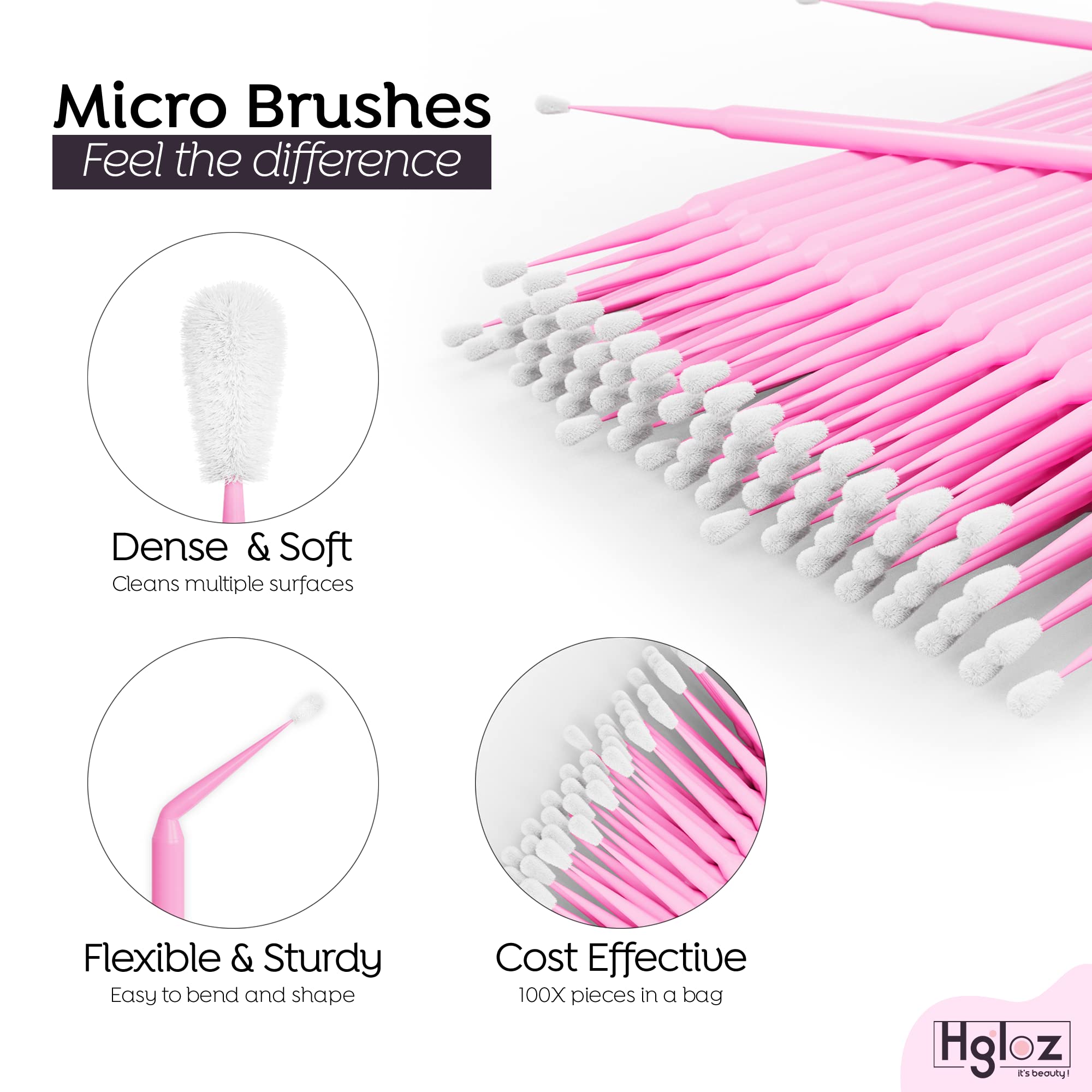 HGLOZ Microswabs for Eyelash Extensions Pack of 500 in Pink โ 2mm Soft Micro Applicator Brush with Microfiber Wands โ Suitable for Cleaning and Applying Make-up