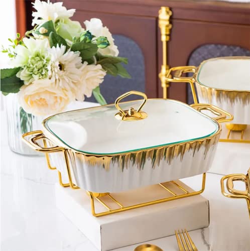 Rectangular Porcelain Casserole Warming Trays for Food, Ceramics Chafers, and Buffet Warmers Sets, Gold Plating Serving Dishes (Large 2.4 quarts)
