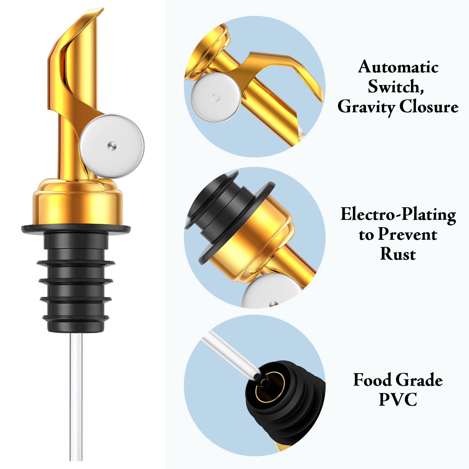 GIXSEGIE 2 Pack Weighted Stainless Steel Pourers, Auto Flip Oil Dispenser Spouts, Balsamic Vinegar Pour Spouts, Olive Oil Spouts, Liquor Bottle Pourers - Gold