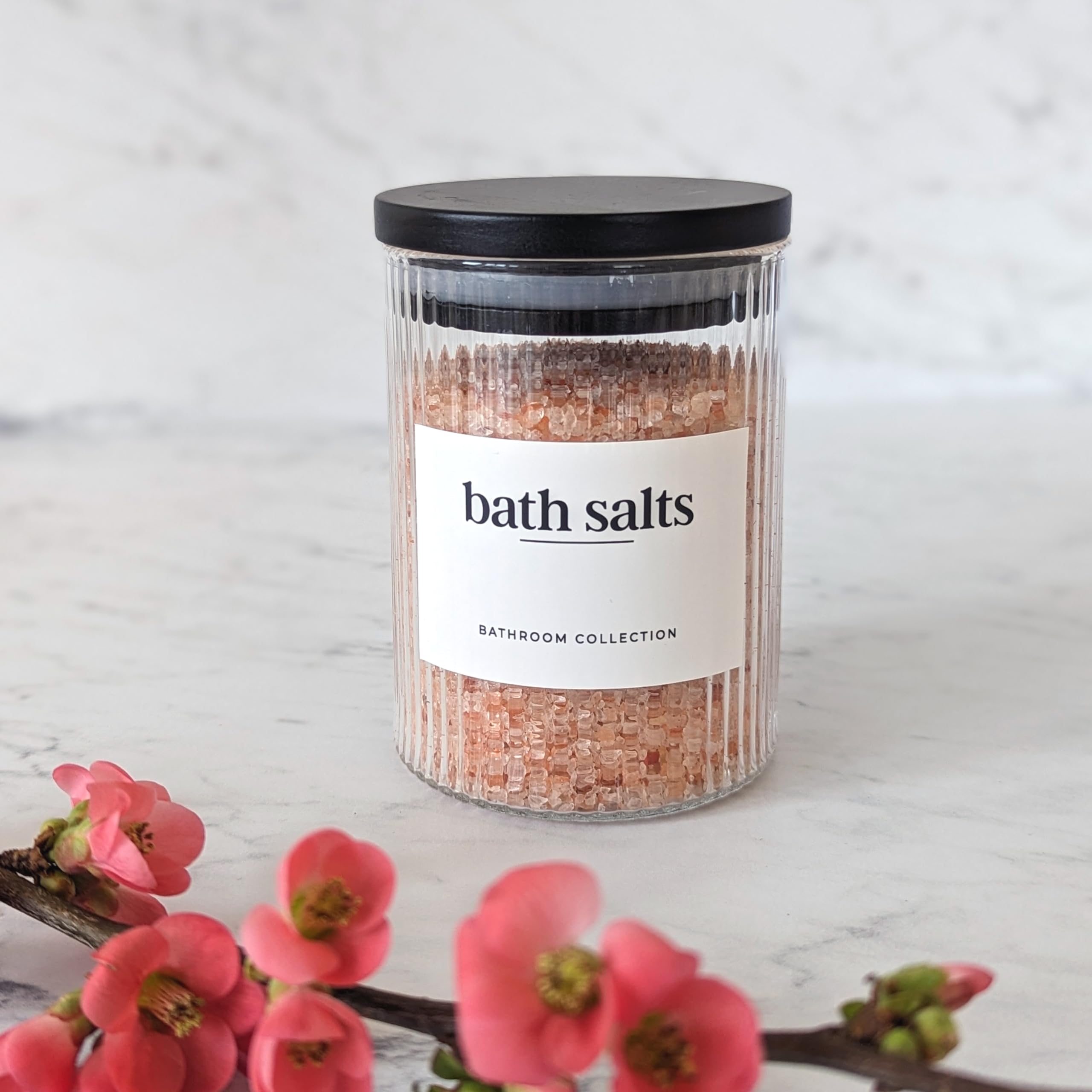 Mason & Fable Ribbed Glass Bathroom Jars with Airtight Black Bamboo Lids | Cotton Pad/Swab/Q tip Holder | Bath Salt/Small Makeup/Clear Vanity Apothecary Storage Canister Organizer β 10 fl oz, Set of 2