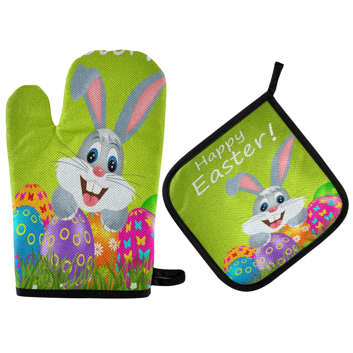Easter Bunny Oven Mitts Potholders Set Colors Eggs Kitchen Baking Glove and Pot Holder for Cooking BBQ
