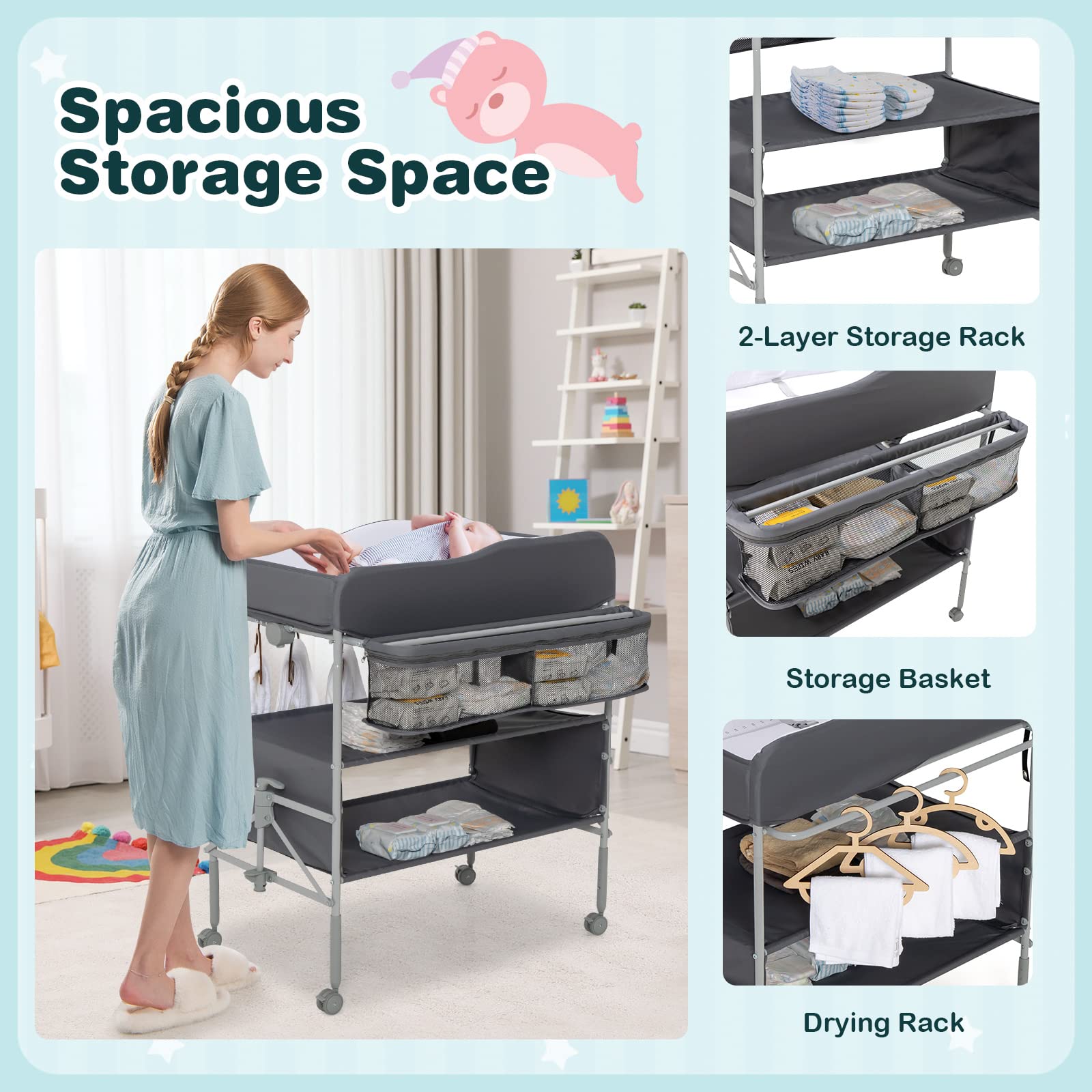 HONEY JOY Portable Baby Changing Table, 3-Tier Foldable Changing Station w/Wheels for Infant, Waterproof Diaper Changing Pad, 4 Adjustable Heights, Side Storage Basket for Newborn Essentials (Gray)