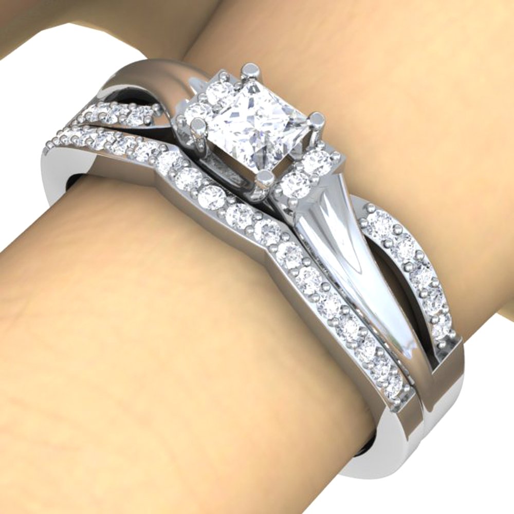 Dazzlingrock Collection 0.40 Carat (Cttw) 10k Princess and Round Diamond Women Swirl Wave Engagement Ring Set, White Gold, Size 6