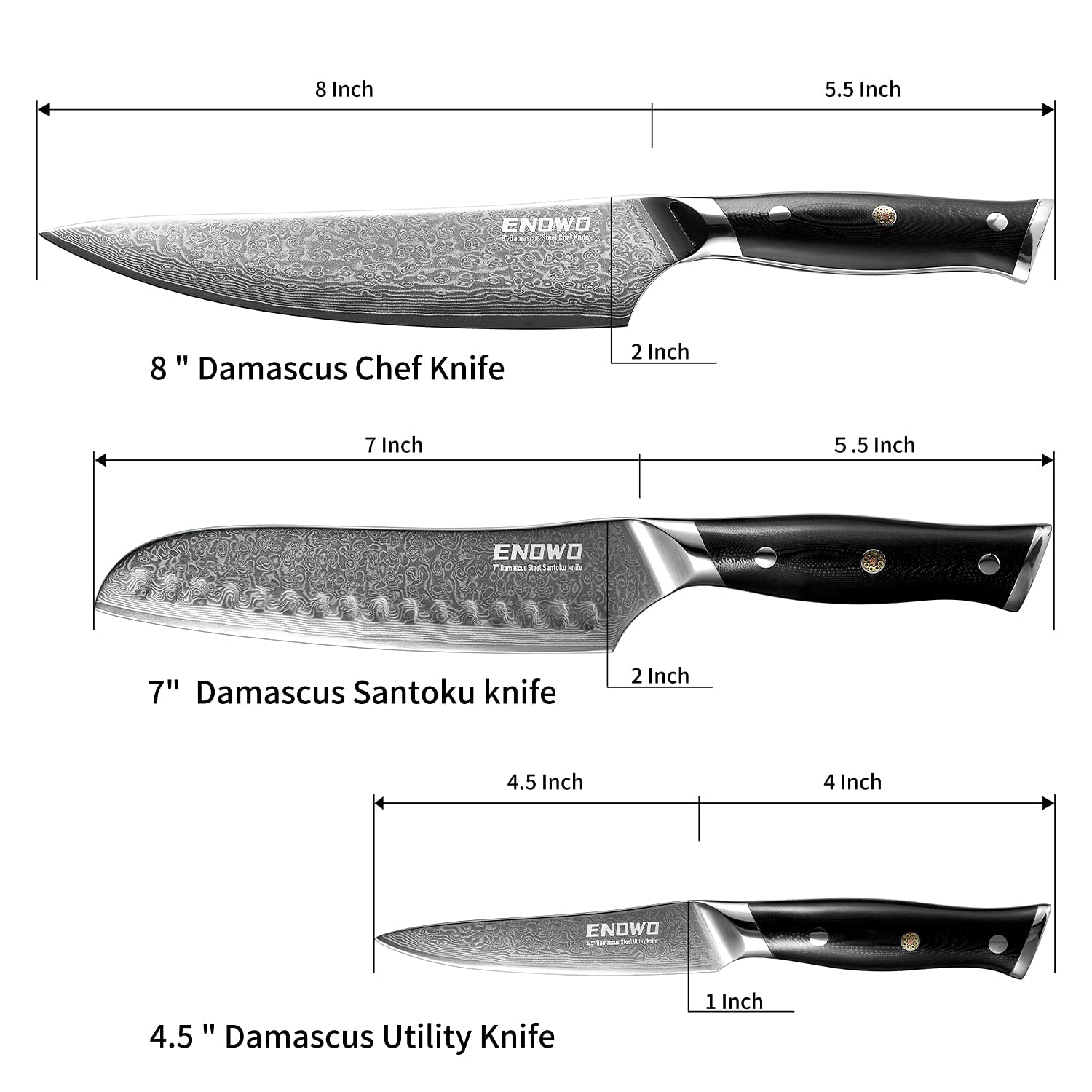 enowo Damascus Knife Set 3 PCS,Razor Sharp Kitchen Knives Made of Japanese Damascus Steel VG10, Well-Balanced Damascus Chef Knife set with Premium G10 Full Tang Handle Triple Rivet Gift Box