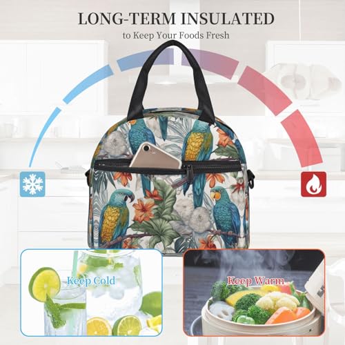 DEHIWI Parrots On Branches Lunch Bag For Women Men Reusable Insulated Lunch Box Lunch Cooler Tote Bag For Work Picnic Travel