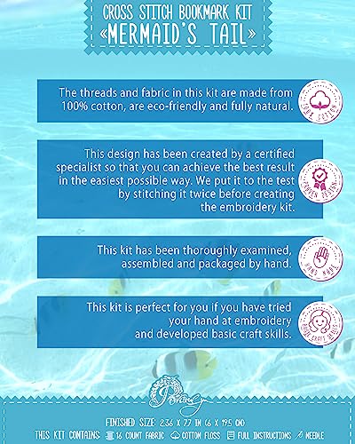 Povitrulya Mermaid's Tail - Counted Cross Stitch Bookmark Kit - DIY Embroidery Set for Adults with Paper Pattern, 16-Count Aida Canvas and Presorted Floss