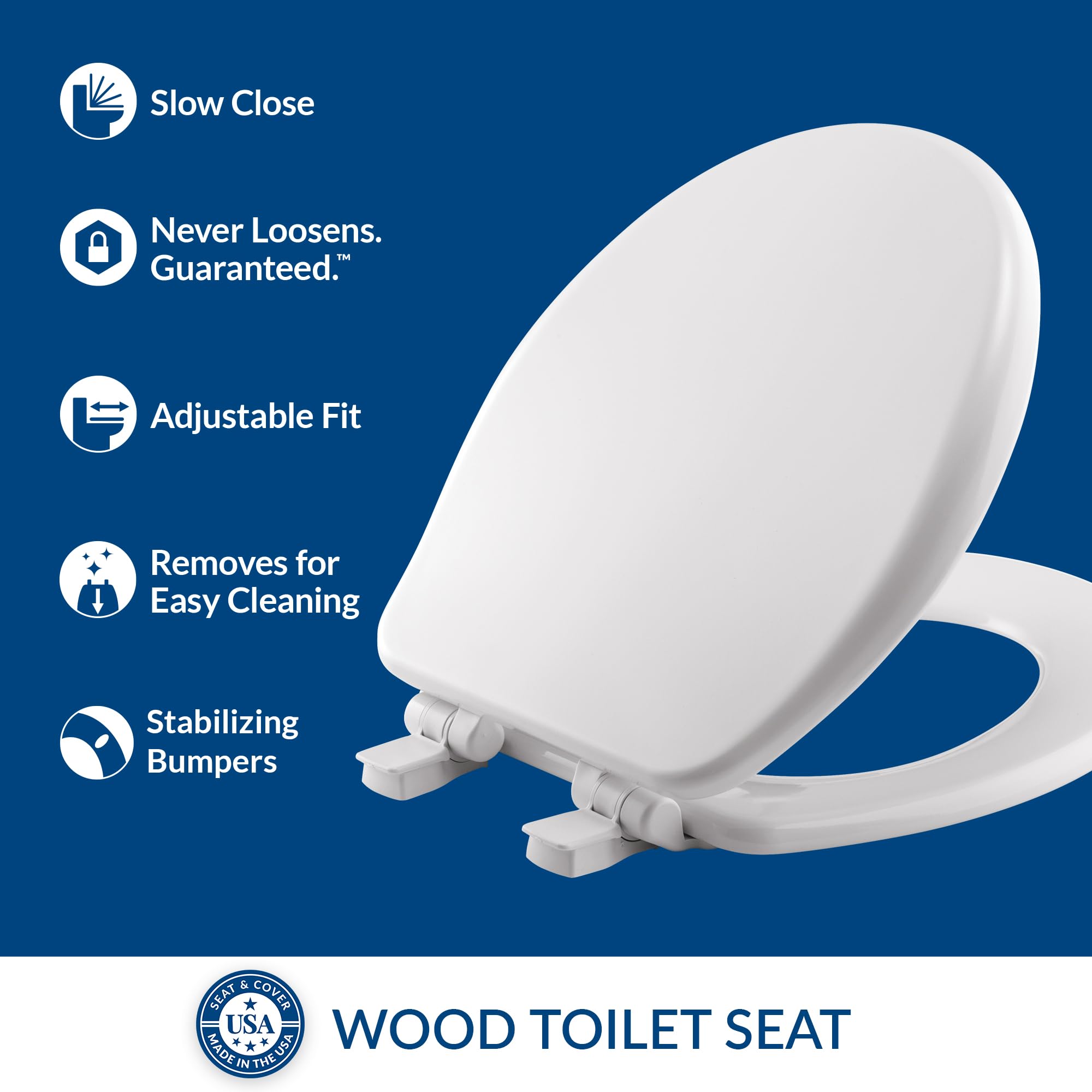 MAYFAIR 864SLOWB 000 Alesio II Toilet Seat will Slow Close, Never Loosen and Provide the Perfect Fit, ROUND, Highly Stylized Durable Enameled Wood, White