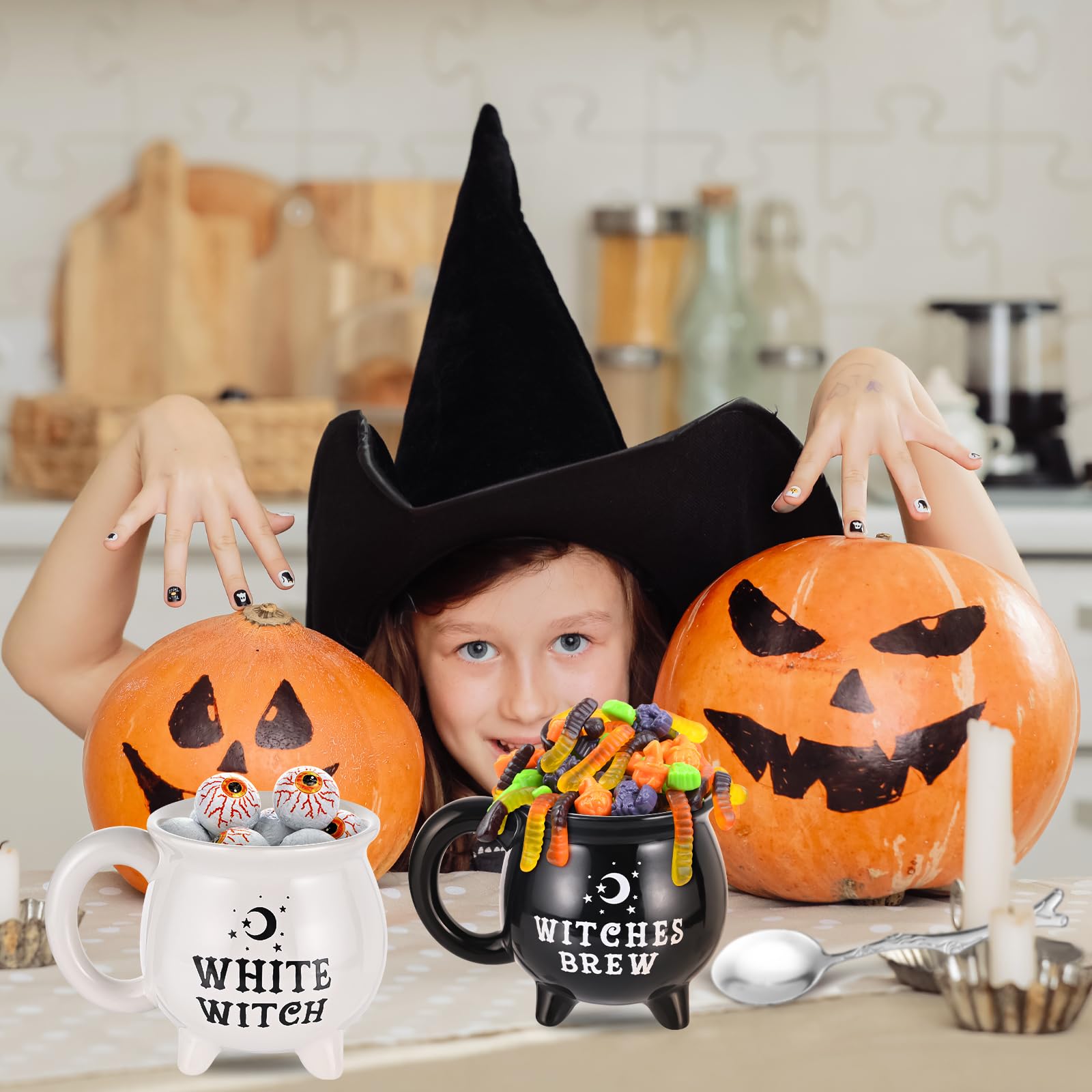 JolliKids 2 Pack Witches Brew Cauldron Mugs Halloween Cauldron Mugs Halloween Gifts 12 Oz Ceramic Coffee Mugs Black and White Cups with 2 Pcs Spoons Halloween Decoration for Tabletop