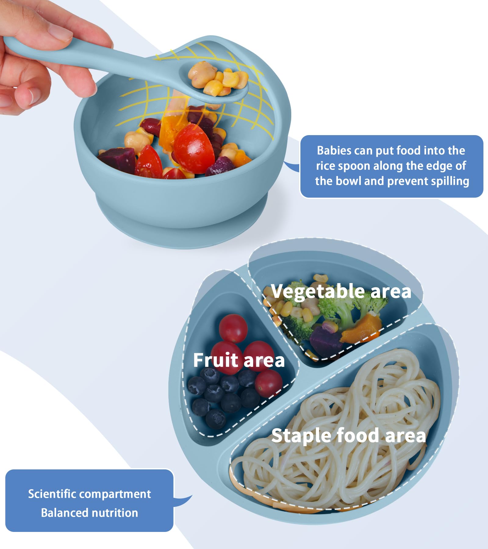ECLIP Silicone Baby Feeding Set, 10 Pcs Baby Led Weaning Supplies with Suction Bowl Divided Plate Adjustable Bib Soft Spoon Fork Snack Cup with Lid Drinking Cup, Utensil (Blue)
