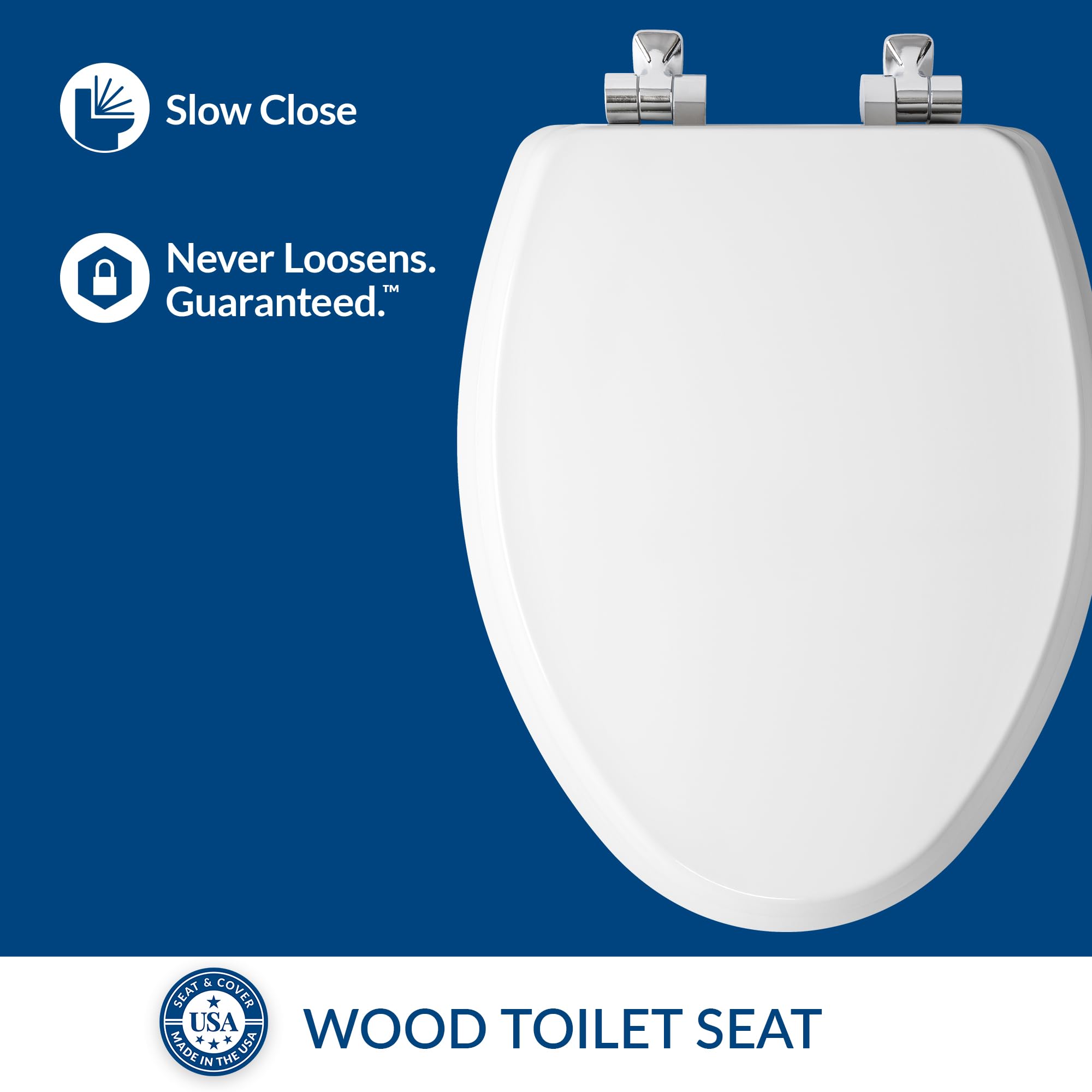 Mayfair Benton Toilet Seat with Chrome Hinges, Slow Close Wood Seat, Secure Metal Hinges, Easy Install, Elongated, White