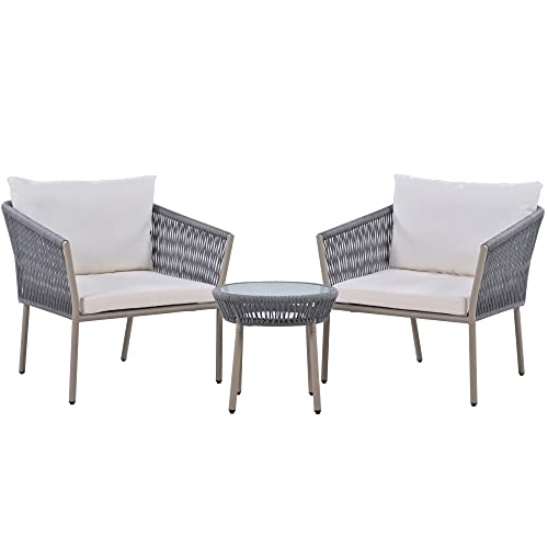KELRIA Woven Rope Conversation Set, Rattan Couch Sofa Including 2 Single Chairs and Coffee Table, Suitable for Indoor, Outdoor, Balcony, Courtyard, Poolside, Lawn, Backyard, Gray, Gary