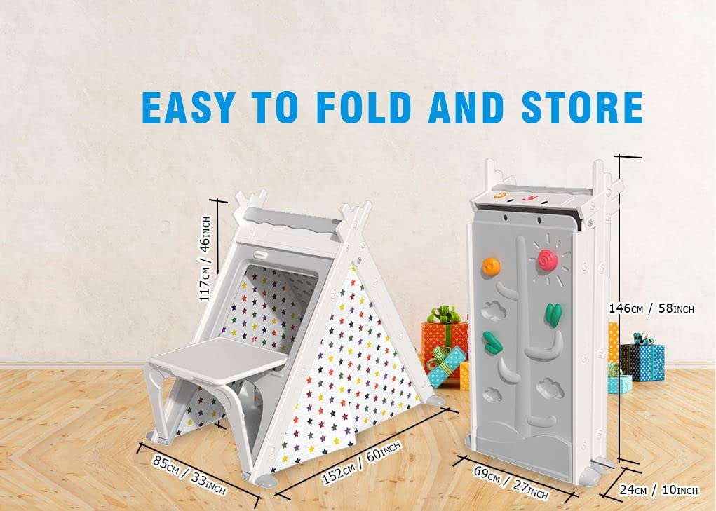 Foldable Kids Play House with Tent,4 in 1 Kids Tent Indoor Playground with Climber- Drawing Board - Tent for kids Indoor-Briks Baseplates Table - Smart Play Table -Indoor Play Tent Triangular