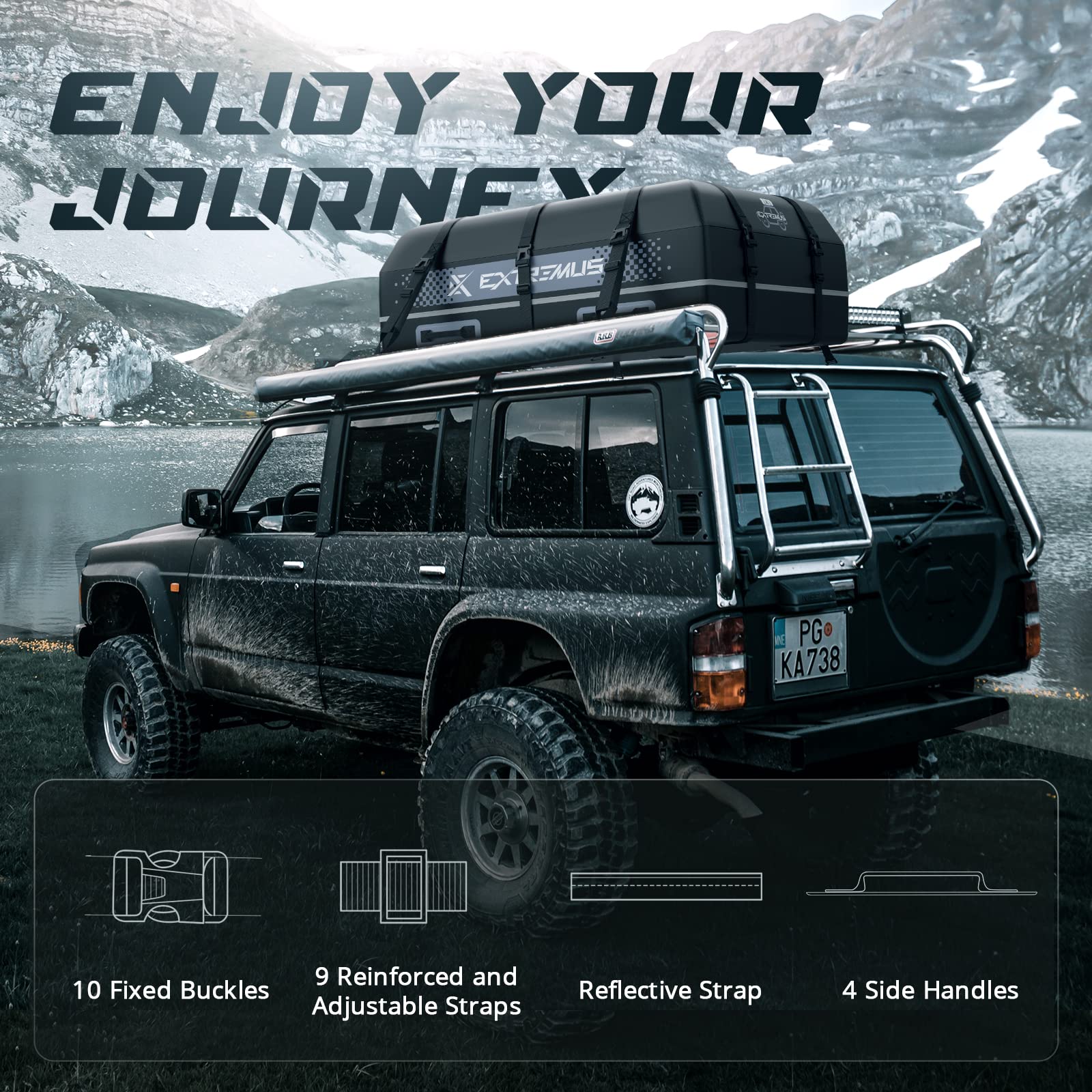 Extremus ExplorationX Rooftop Cargo Carrier Bag-15 Cu Ft, 100% Waterproof Car Top Carrier, Abrasion Resistant 840D PVC, High-Frequency Welded Seams, Waterproof Zipper W/Storm Flap & 9 Sturdy Straps