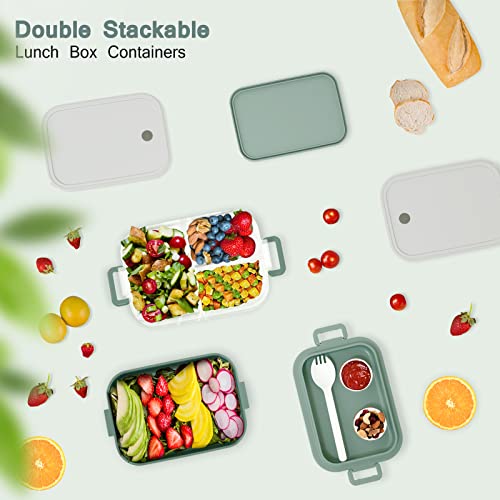 KEMETHY Bento Box Adult For Lunch, Stackable Large Capacity Containers with Tableware and Sauce Cups for Adults, Leak-Proof 2000ML/68OZ Green