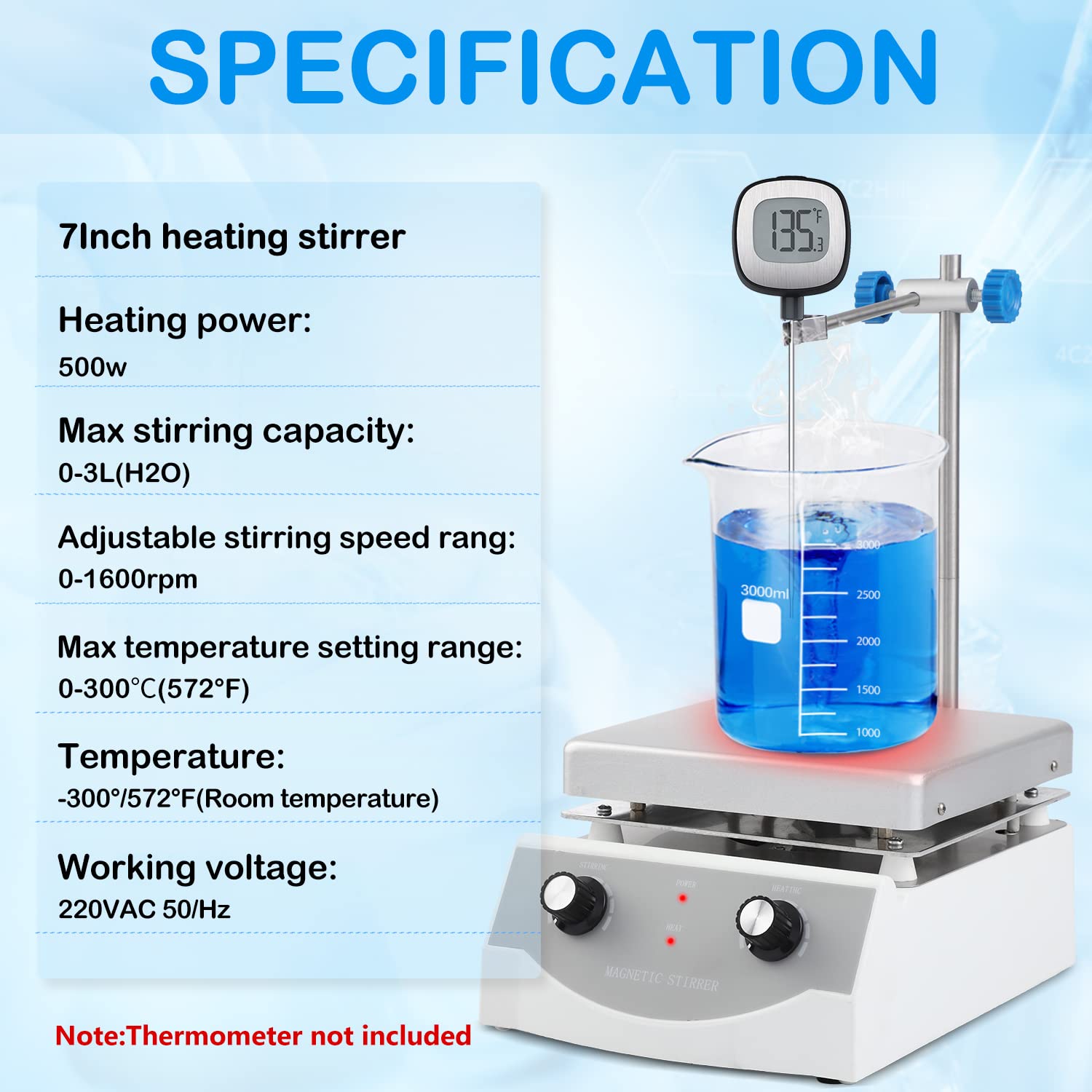 Hot Plate Magnetic Stirrer 3000ml, 7 Inch Hot Plate Stirrer with Stirring Bar&Support Stand, Max 300℃(572°F), 0-1600rpm, Magnetic Stirrer Hot Plate Mixer for Lab Heating and Mixing