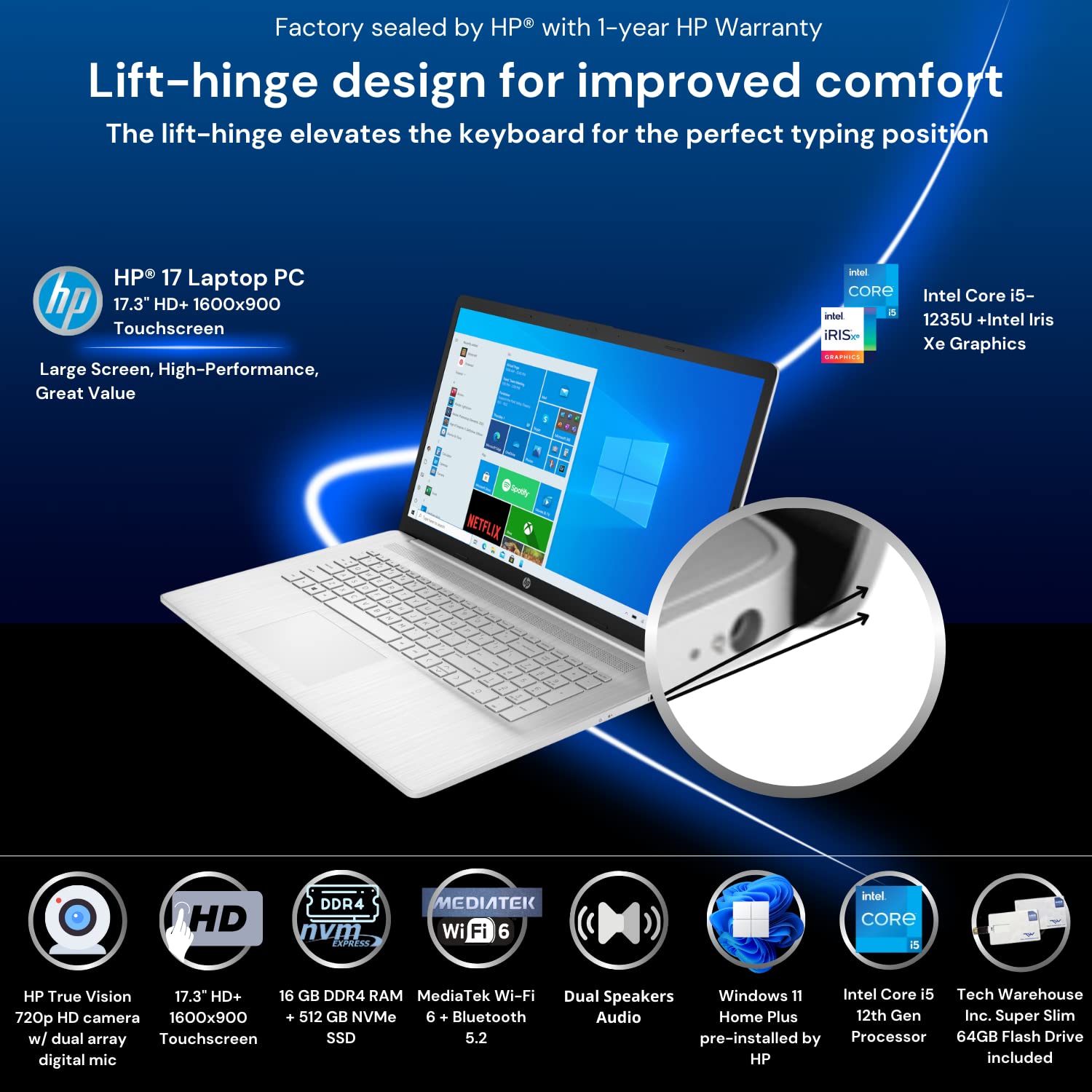 HP 17t Laptop Intel Core i5 12th Gen, 16 GB RAM, 512 GB SSD, Win 11 Home, 17.3" HD+ Touchscreen, Natural Silver, 3 Cell Battery, 64 GB TW flashdrive