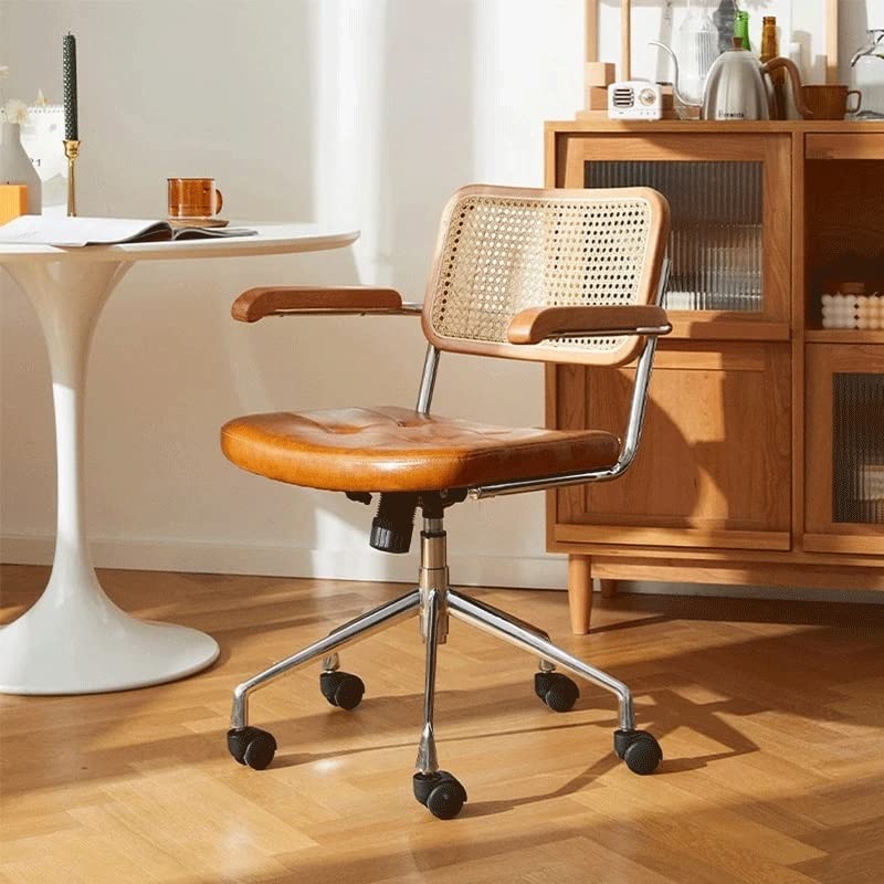 LUKEO Rattan Computer Chair Retro Rotating Chair Comfortable Study Desk Seat Breathable Armrest Office Furniture