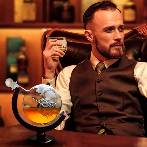 flybold Whiskey Decanter Whiskey Globe Decanter and Glass Set Antique Handblown Ship Decanter Certified Safe Gifts for men Scotch Bourbon Wine Rum Tequila Decanter 28oz 850ml