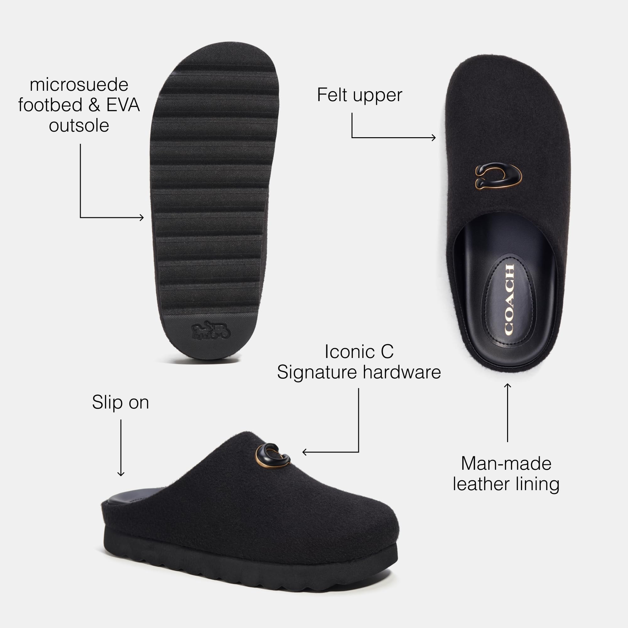 Coach Women's Hadley Felt Slipper, Black, 8