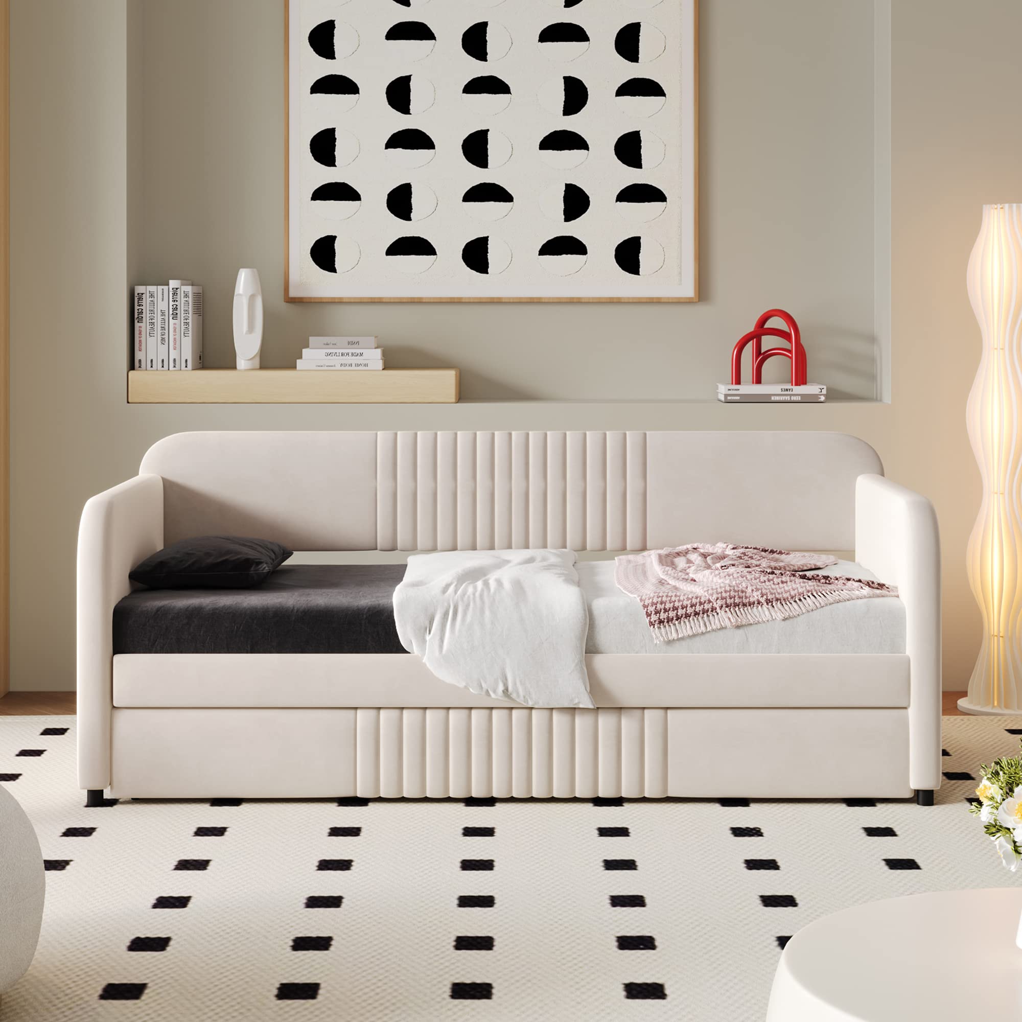 DNYN Queen Size Upholstered Platform Bed with Trundle & USB Ports for Kids,Solid Wood Bedframe Linen Fabric Home Furniture w/Button Tufted Heardboard,Super Save Space & No Box Spring Need, Gray