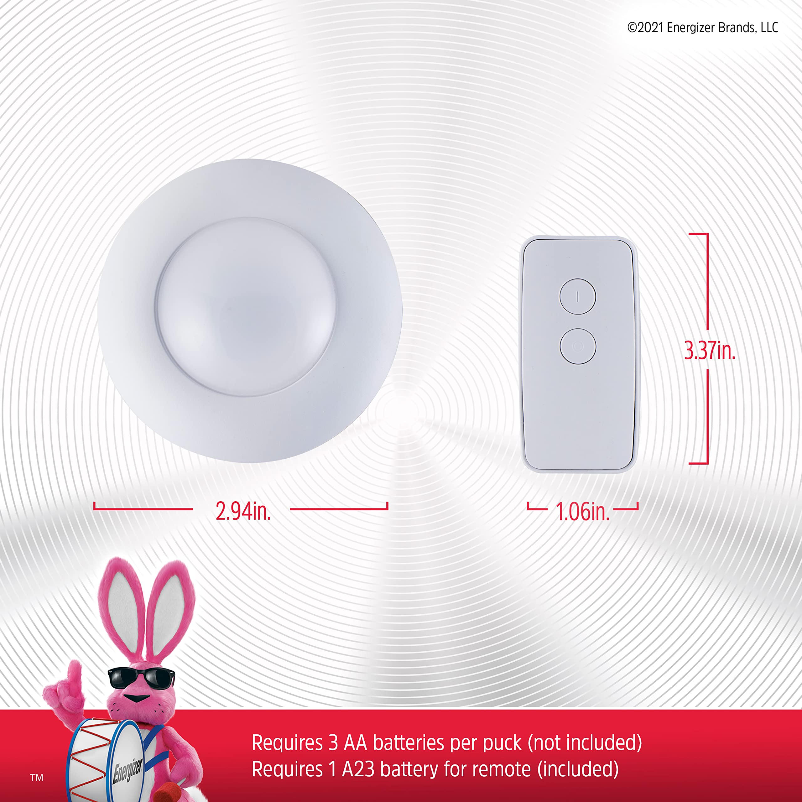Energizer LED Puck Lights, 2 Pack, White, Remote Controlled, Wireless Lights, 35 Lumens, Battery Operated, Under Cabinet Lighting, Stick On Lights, Ideal for Kitchen Under Cabinet, Bedroom, 38913