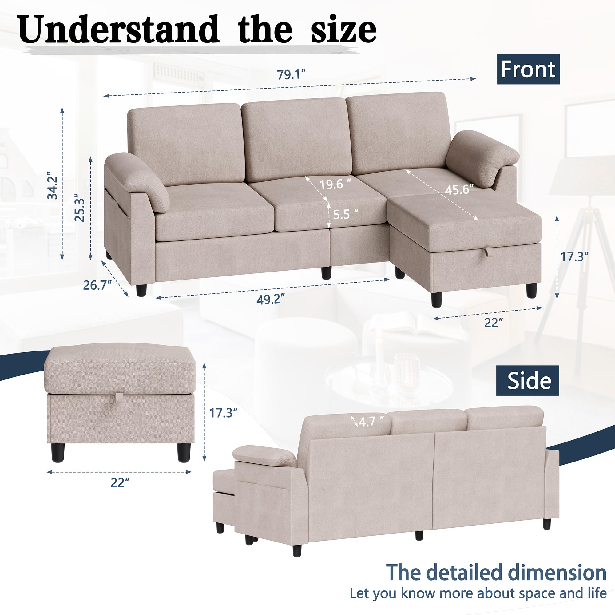 Meilocar 79" Modern Sectional Sofa Couch, Convertible L Shaped Couch with Reversible Ottoman, 3-Seat Sofa Sectional with Removable Armrest for Living Room, Apartment, Small Space, Beige
