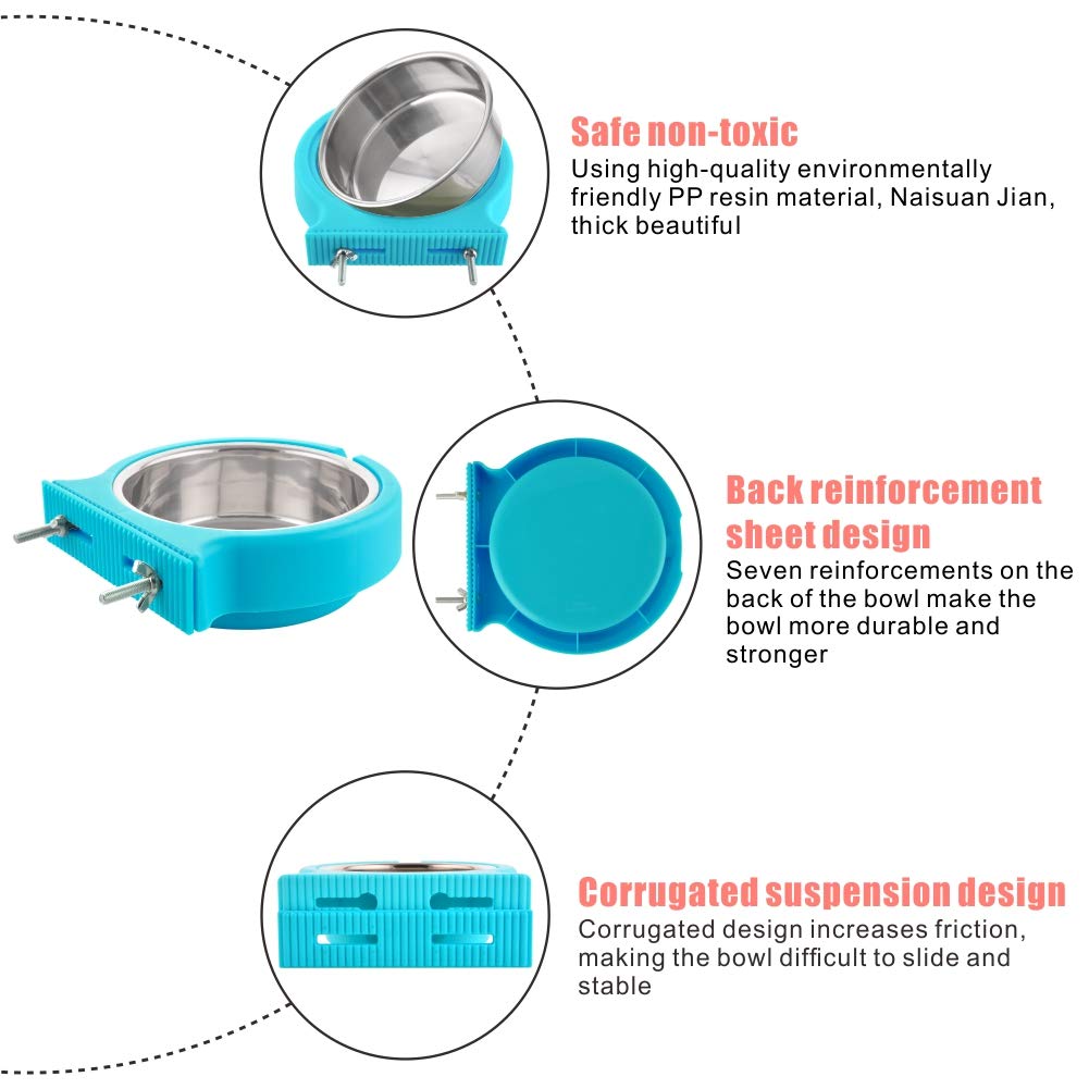 Crate Dog Bowl Removable Stainless Steel Water Food Feeder Bowls Cage Coop Cup for Cat Puppy Bird Pets (Small, Blue with Corrugated Clip)
