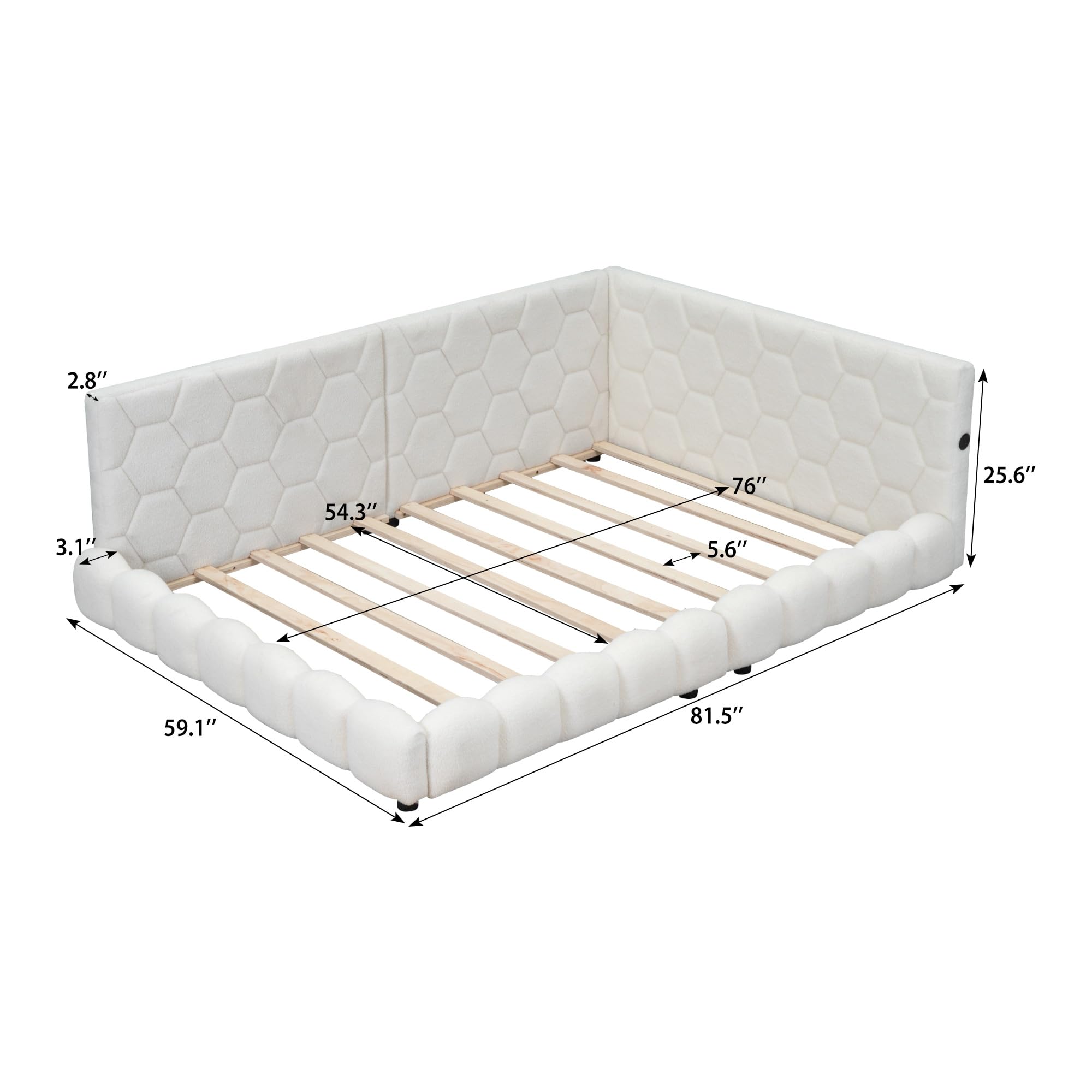 DNYN Upholstered Full Size Daybed with USB Port & Led Design,Teddy Fabric Platform Bed w/Wood Slat Support & No Box Spring Needed & Easy Assembly,Perfect for Bedroom,Livingroom,Guest Room, White