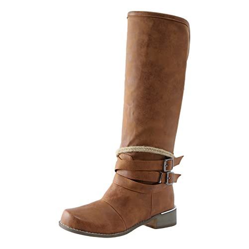 FASDNENDYS Boots for Women Ankle Booties Womens Shoes Square Toe Belt Buckle Back Zipper Chunky Heel Short Mud Boots Brown