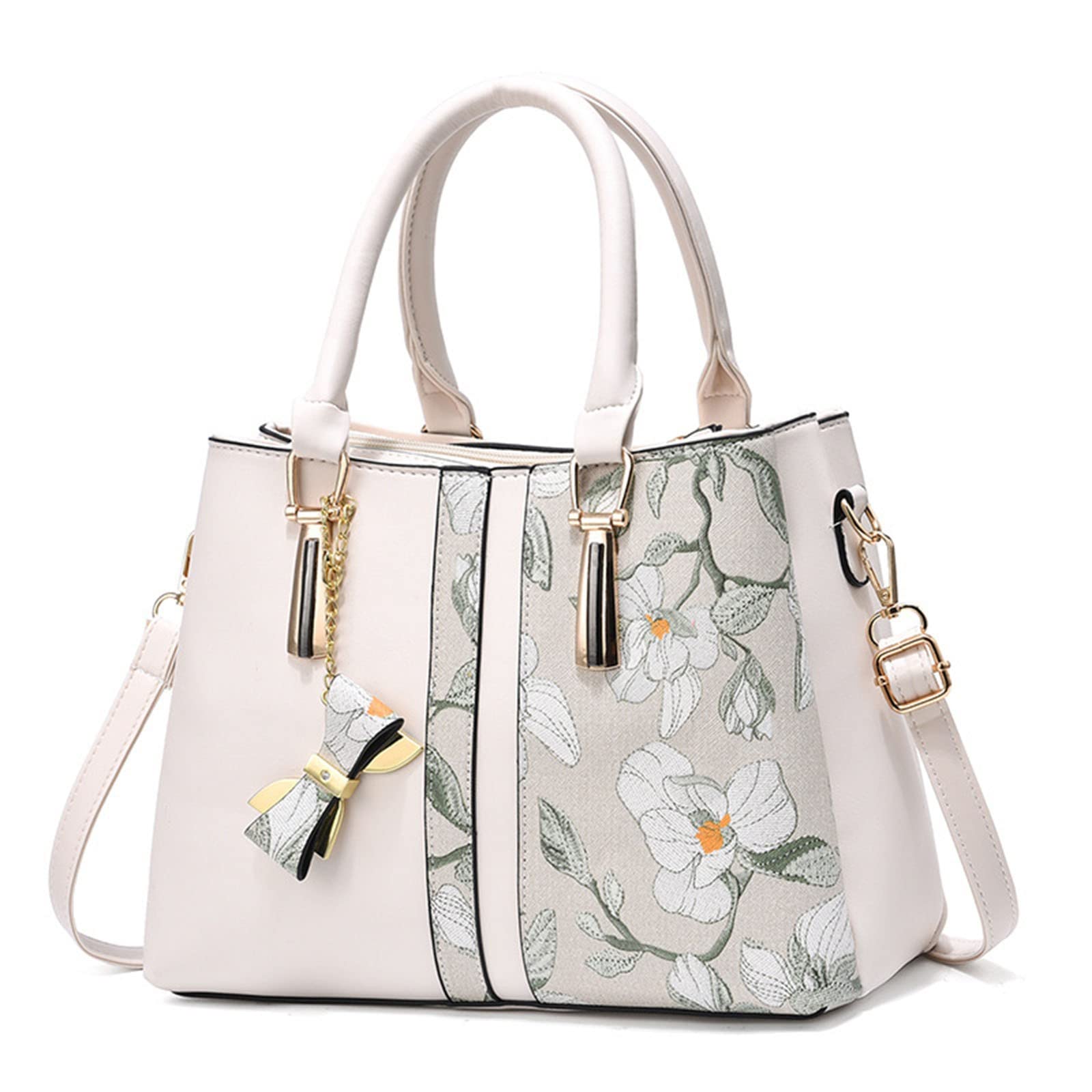 Embroidered Bag Large Capacity Handbag Fashion Shoulder Bag Leather Shoulder Bag for Women (White, One Size)