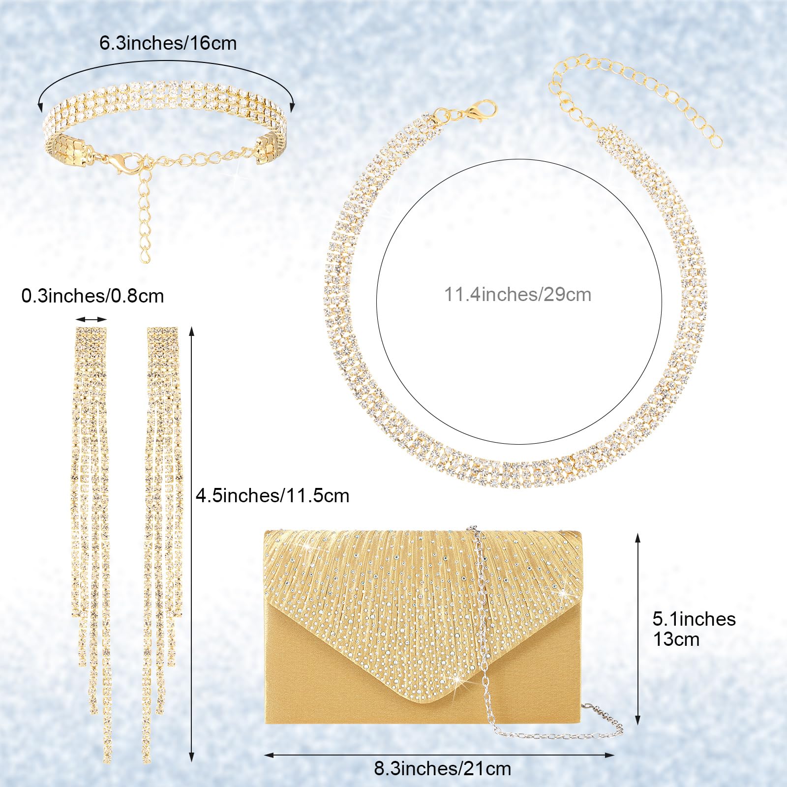 Hicarer 5 Pcs Women Accessories Including Shawls and Wraps, Evening Bag Clutch Purses, Rhinestone Jewelry Sets for Wedding(Cute Style,Gold)