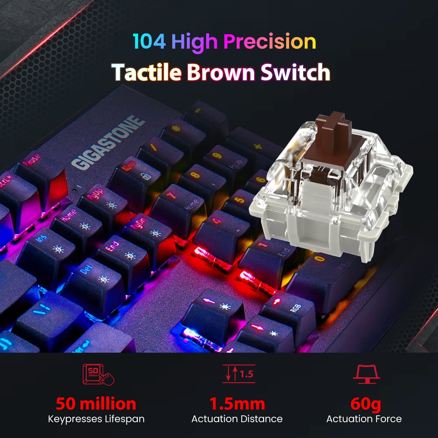 Gigastone 104 Keys Mechanical Gaming Keyboard, Full NKRO and Anti-Ghosting, Full Size Keyboard, Tactile Brown Switch, RGB LED Rainbow Backlit Gaming Keyboard, Precise Tactile Feedback